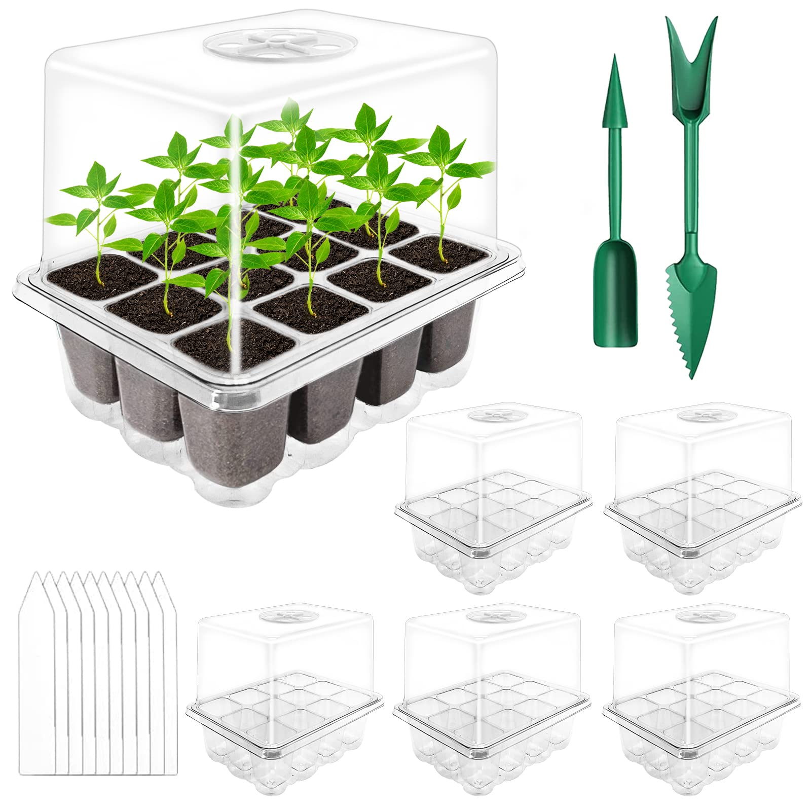 5 Packs Seed Starter Tray 60 Cell Seed Starter Kit, Plant Starter Growing Trays with Humidity Adjustable Dome and Base, Reusable Mini Greenhouse Plant Germination Tray for Indoors Seeds Sprout Growing