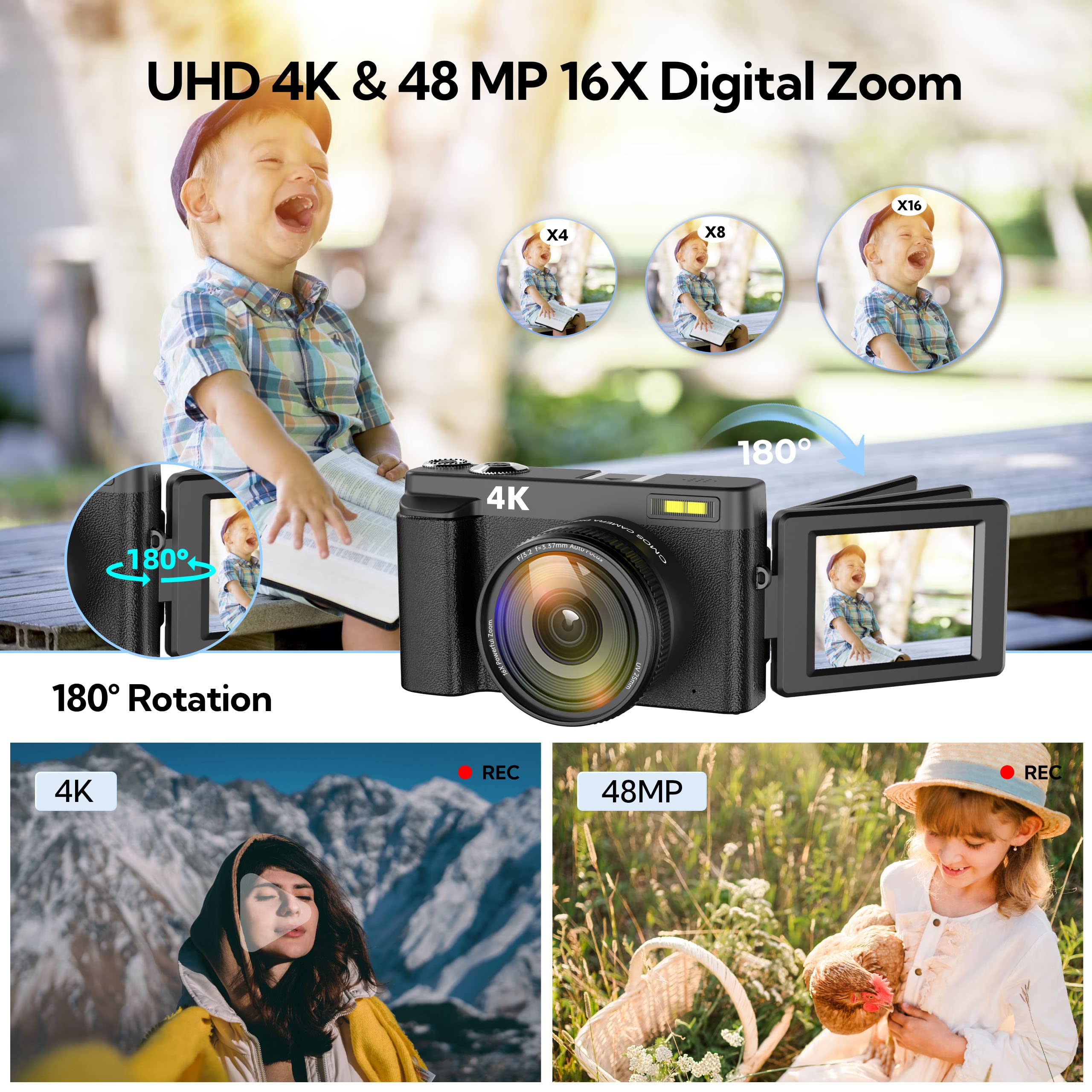 4K Digital Camera for Photography Autofocus 48MP Vlogging Camera with Flash 3'' 180°Flip Screen,16X Digital Zoom Anti-Shake Video Camera for YouTube, Point Shoot Digital Cameras with 32GB SD Card