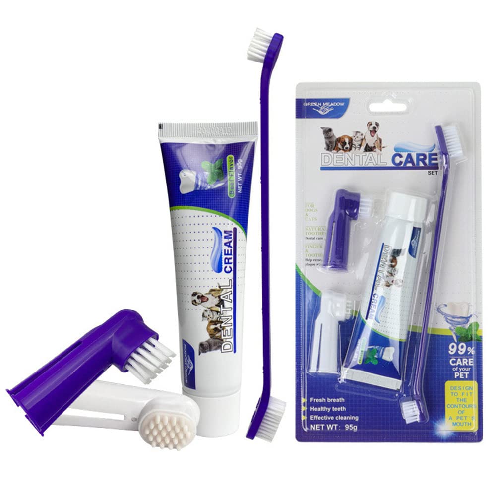 Teleyi Dog Toothbrush Kit,4-Piece Set with Toothpaste Fingerbrush,Cat Teeth Cleaning,Pet Oral Dental Care Fresh Breath Brush,Cute Puppy Whitening Cleansing for Small Large Dogs,Beef Flavor