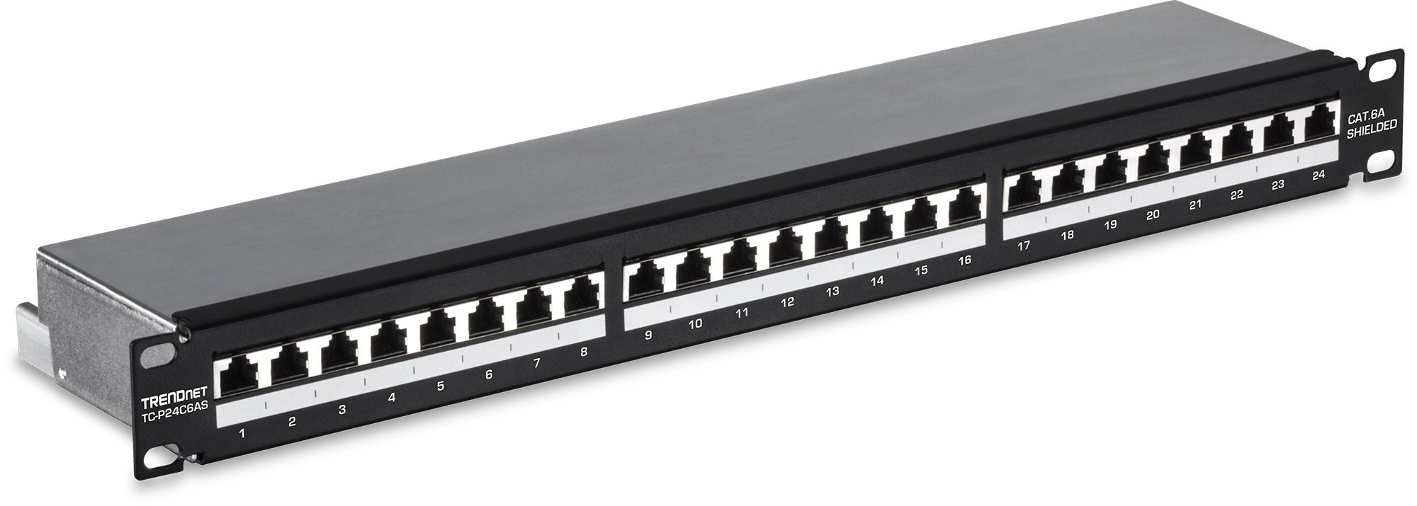 TRENDnet 24-Port Cat6A Shielded Patch Panel, 1U 19" Metal Housing, 10G Ready, Cat5e,Cat6,Cat6A Compatible, Cable Management, Color-Coded Labeling for T568A and T568B Wiring, Black, TC-P24C6AS