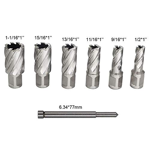 Annular Cutters Set 6pcs JESTUOUS 3/4 Inch Weldon Shank 1 Cutting Depth 1/2-1-1/16 Cutting Diameter Two Flat HSS Slugger Bits for Mag Drill Press with Pilot Pin