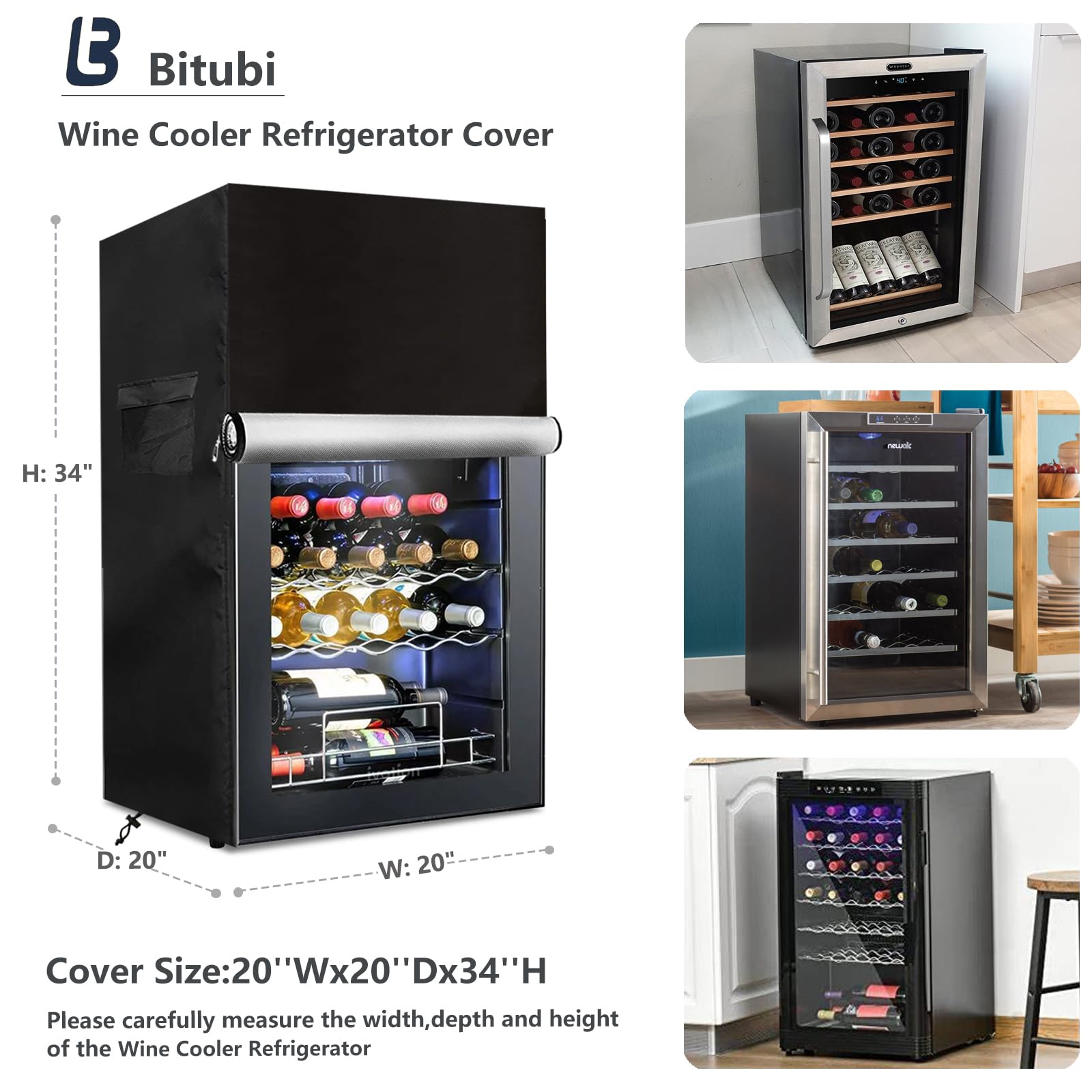 Bitubi Wine Cooler Refrigerator Cover,Outdoor Fridge Cover β Waterproof, Dustproof, Sun-Proof, 20" W x 20" D x 33" H. Suitable for most 32-36 Bottle Beer or Wine Mini Fridge (Black)