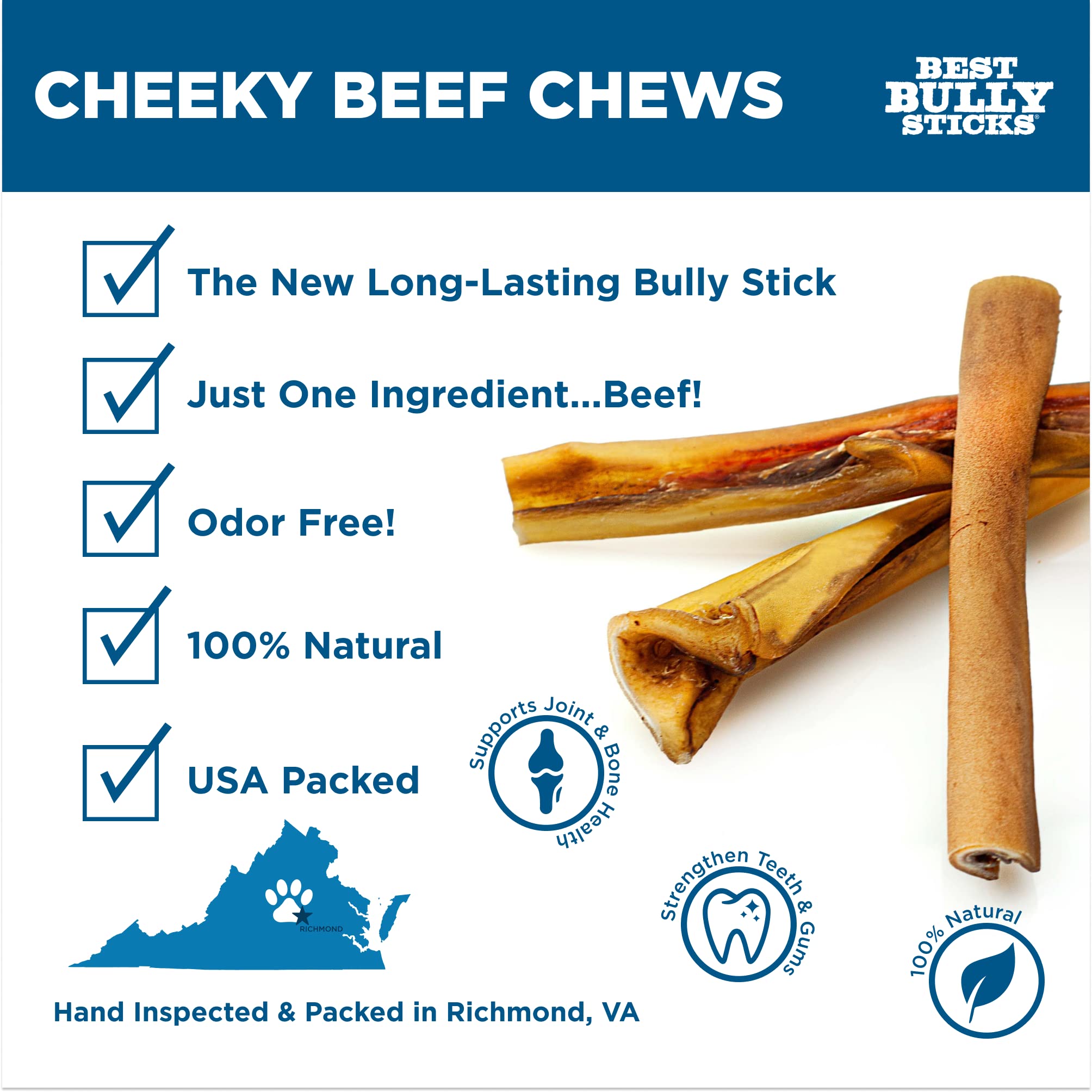 Best Bully Sticks Cheeky Beef Chews - Single Ingredient, 100% Grass-Fed Beef - USA Packed - Long-Lasting, Odor Free Alternative to Bully Sticks, 6" Chews - 20 Pack