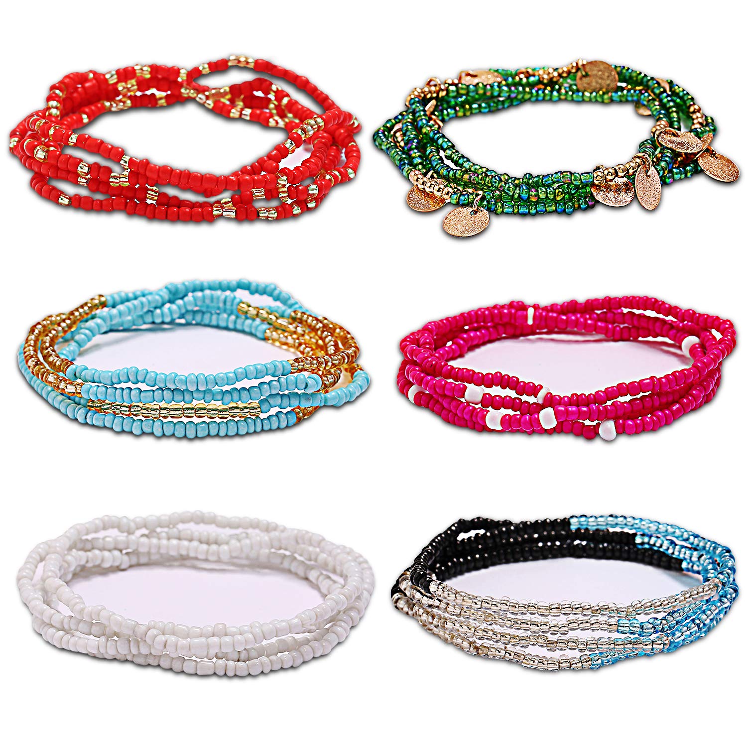 6 Pieces Waist Bead Chains Boho Beads Waist Chains,African Waist Bead Body Chain,Summer Jewelry Waist Bead Set,Elastic Colorful Beaded Belly Chain,Beach Bikini Belly Chains for Women and Girls.