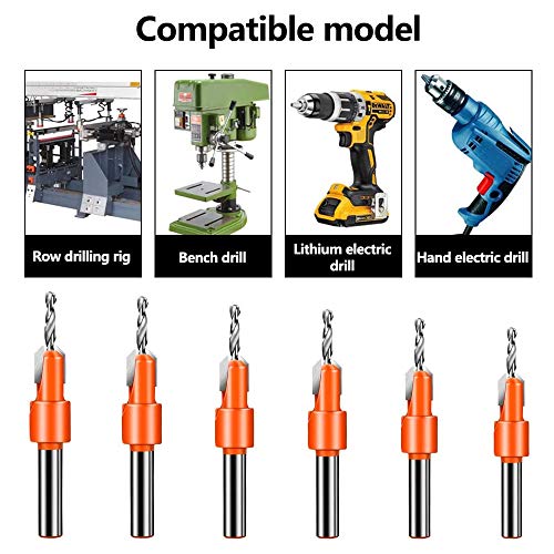 6 PCS Wood Hole Countersink Drill Bit Set with Hex Key Wrench, Hole Drill Bit Timber Screw Hole Cutter for Carpentry Woodworking (Individually Box Packaging)