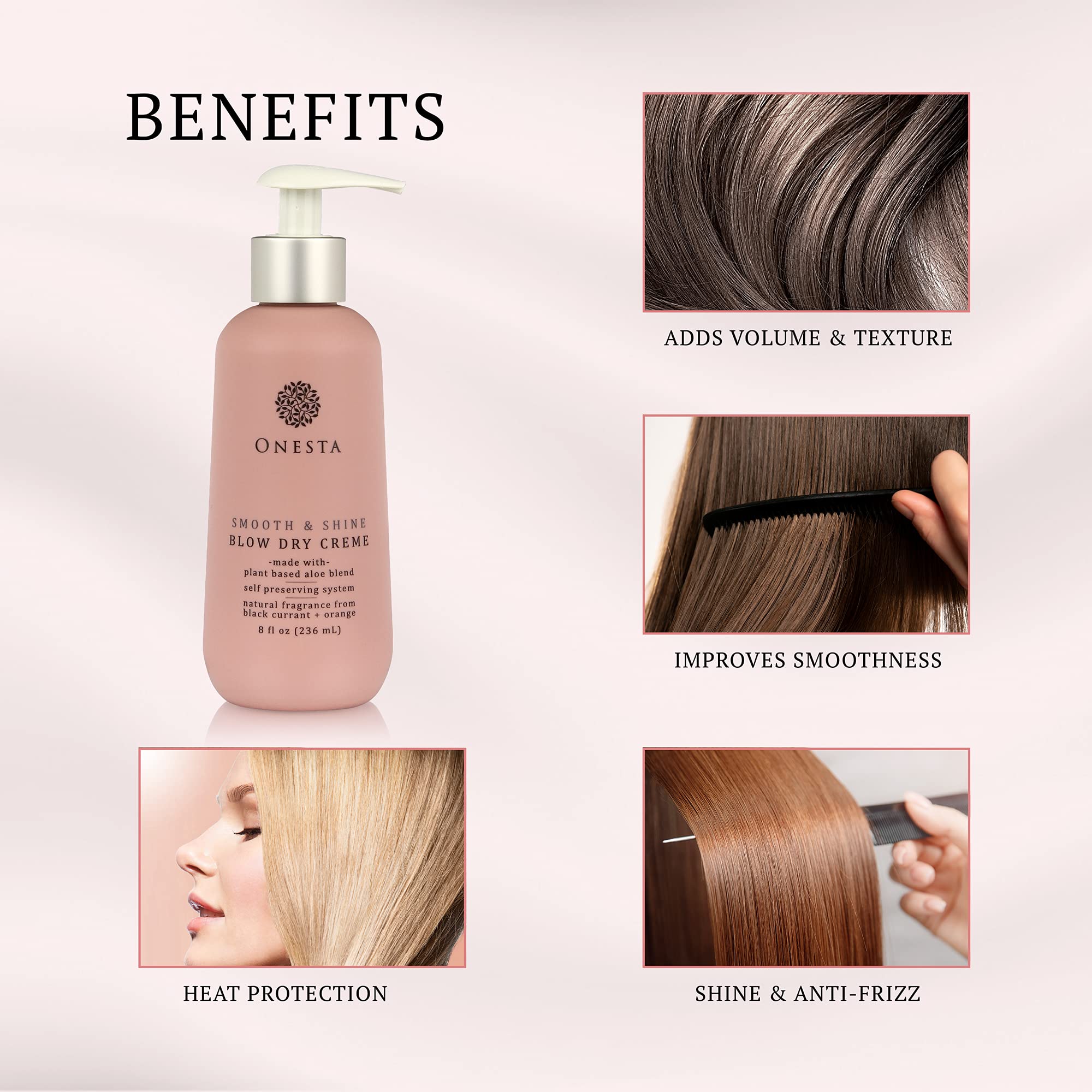 Onesta Hair Care Plant Based Smooth and Shine Blow Dry Crème Hair Protector, 8 Ounces (Pack of 1)