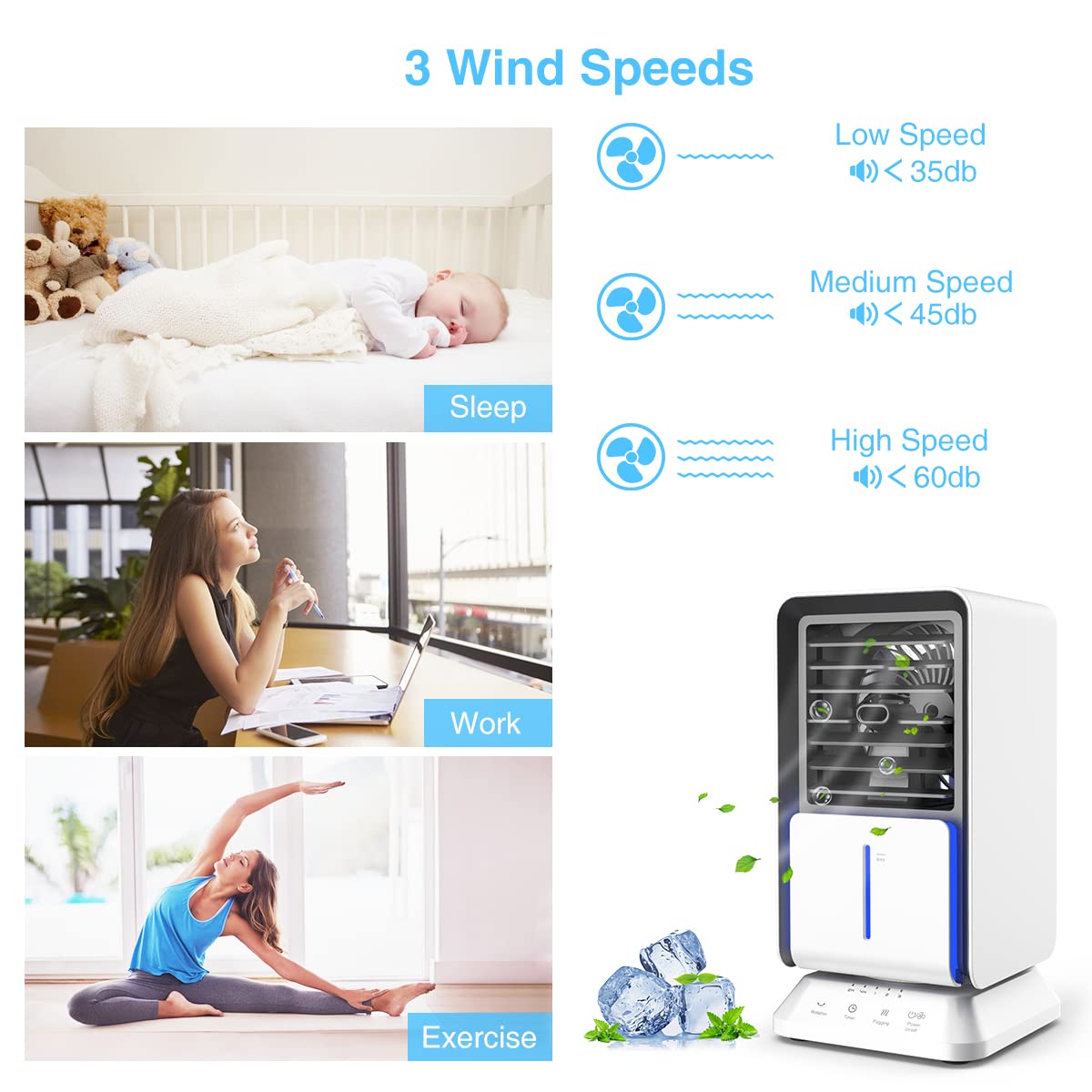 Lafhome Portable Air Conditioner, Mini Oscillating Air Conditioner Personal Small Air Cooler Evaporative Cooler Desk Fan with Timer Function and LED Night Light for Home Office Bedroom Indoor Use