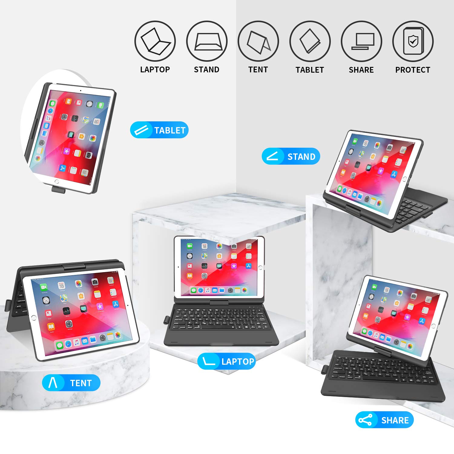 iPad Keyboard Case for iPad 6th Gen 2018, iPad 5th Gen 2017, iPad Pro 9.7, iPad Air 2, iPad Air 1, 360 Screen Rotation 7 Colors Backlight iPad Case with Keyboard - Black