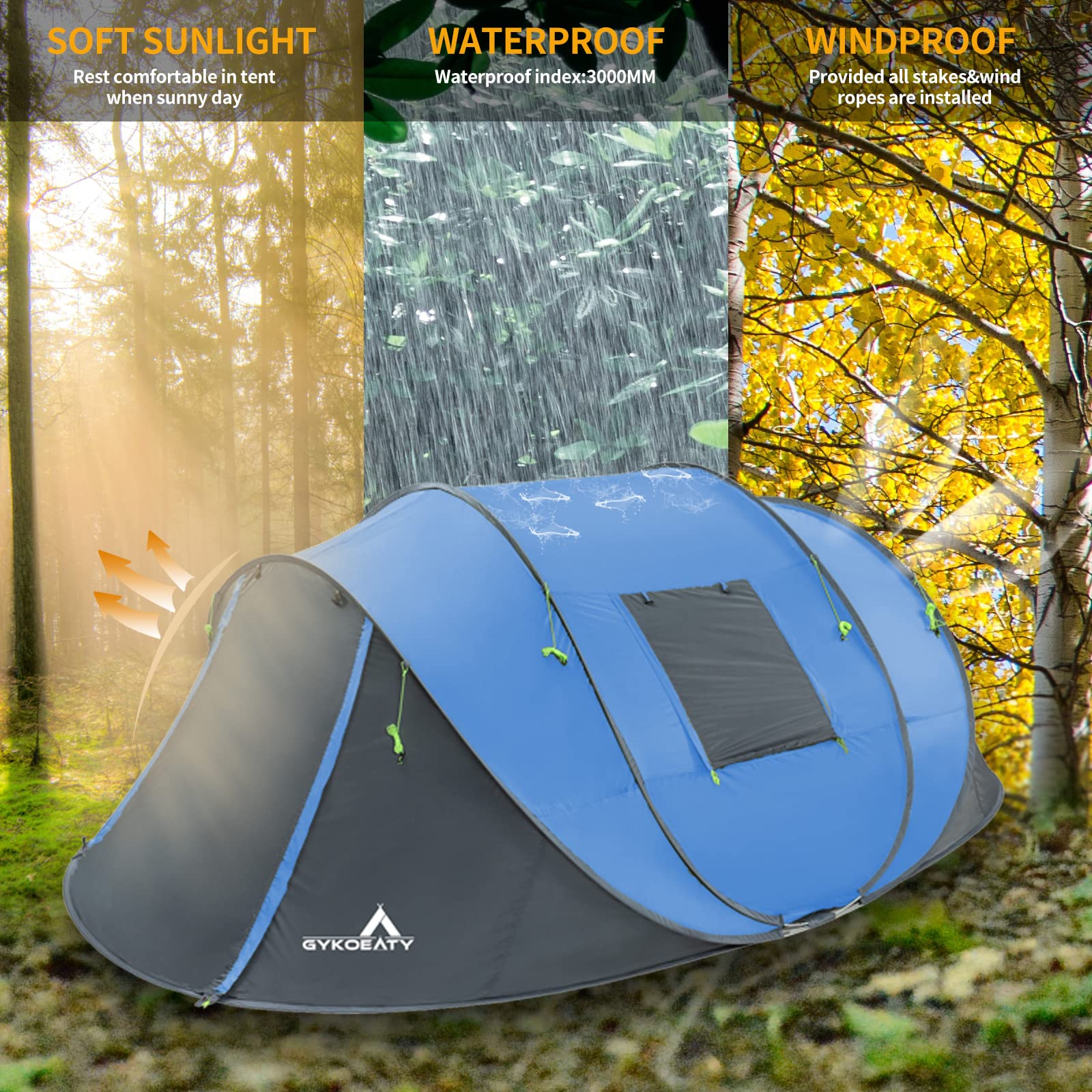 6 Person Easy Pop Up Tent Waterproof Windproof Automatic Setup Double Layer Instant Big Family Tents for Camping,Hiking & Traveling Outdoor Blue