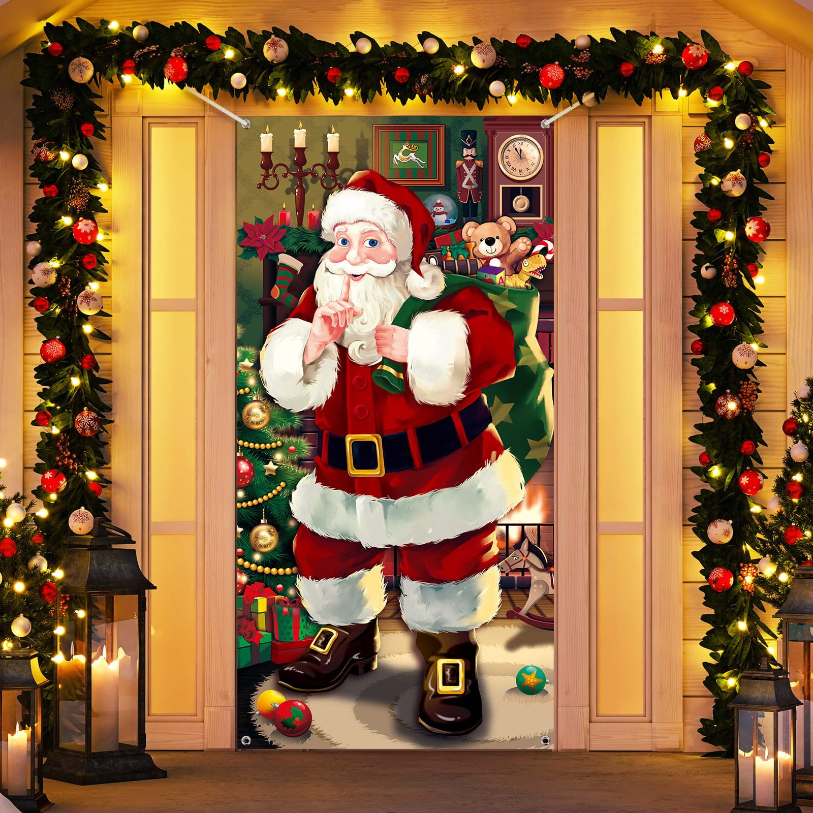 Christmas Door Cover Decoration Christmas Santa Claus Door Cover Xmas Door Hanging Banner Christmas Santa Background Banner for Home Front Door Holiday Christmas Decoration (Vintage)