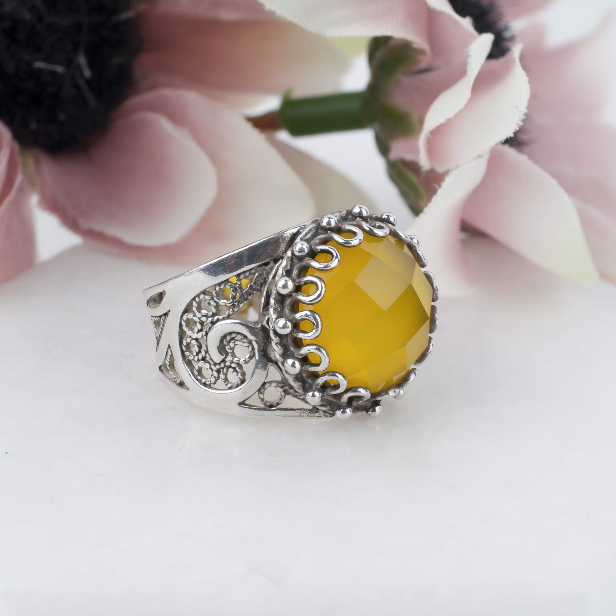 925 Sterling Silver Yellow Chalcedony Round Filigree Paisley Ring (Size 6-10) (6)