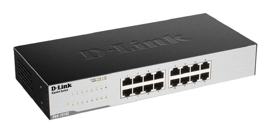 D-Link Ethernet Switch, 16 Port Gigabit Unmanaged Network Internet Hub Desktop Rackmount, Plug N Play (DGS-1016C)