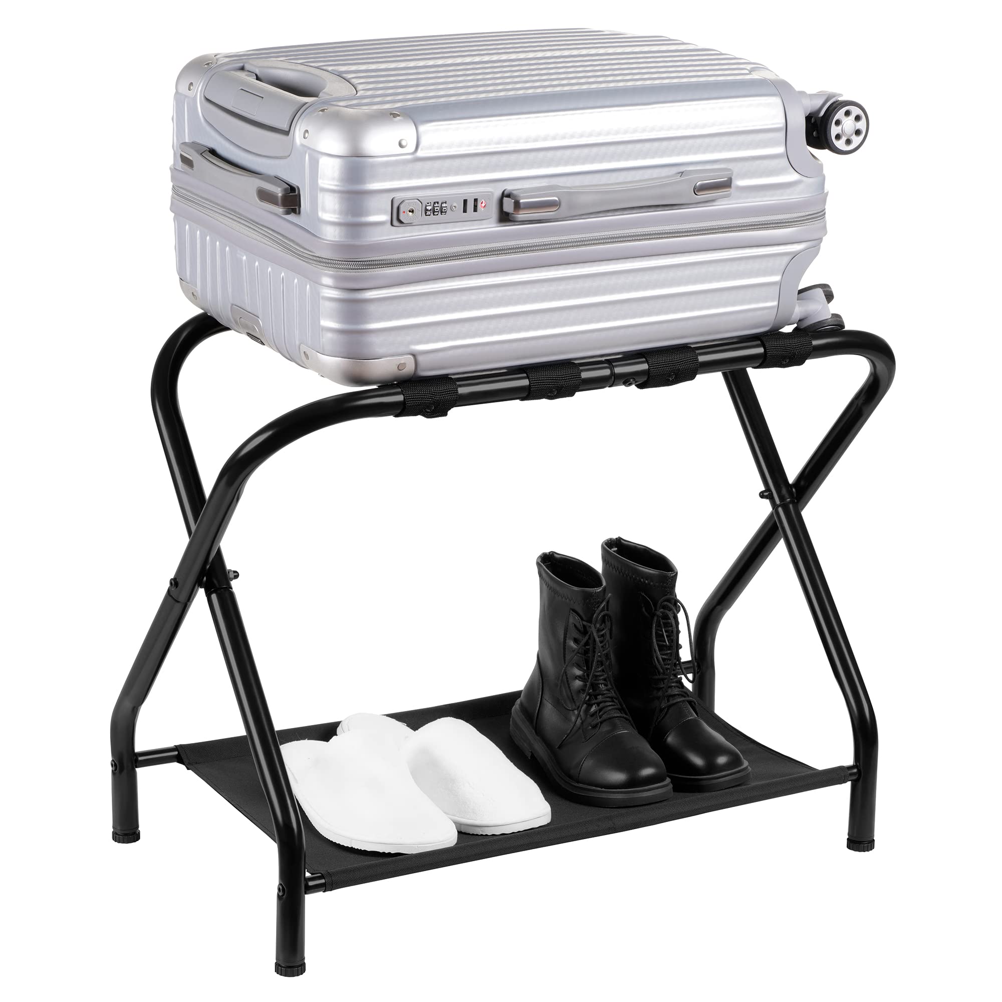 Heybly Luggage Rack,Pack of 2,Steel Folding Suitcase Stand with Storage Shelf for Bedroom, Hotel, Foldable Steel Frame, Guest Room Bedroom Hotel, 26.2" L x 14.4" W x 20.5" H, Black,HLR004B2