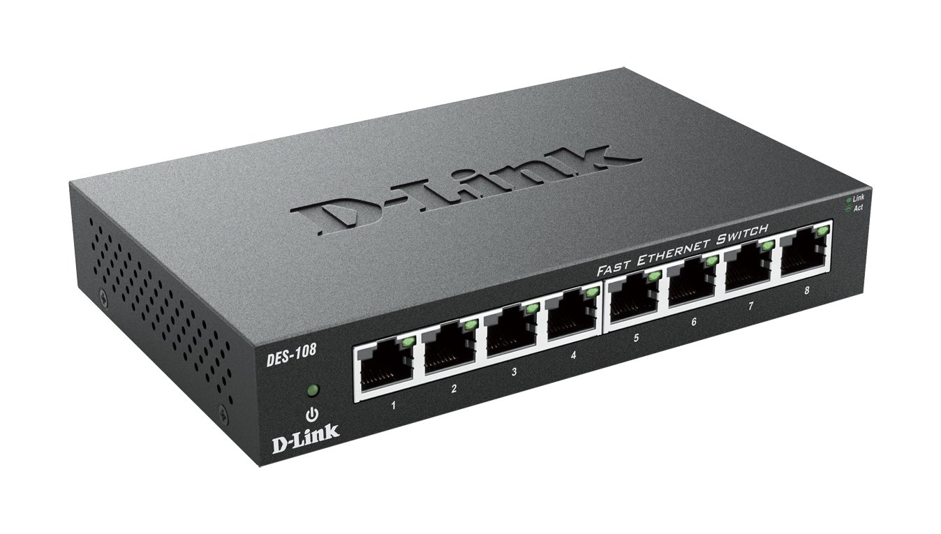 D-Link Fast Ethernet Switch, 8 Port Unmanaged Metal Fanless Desktop Network Internet (DES-108), Black