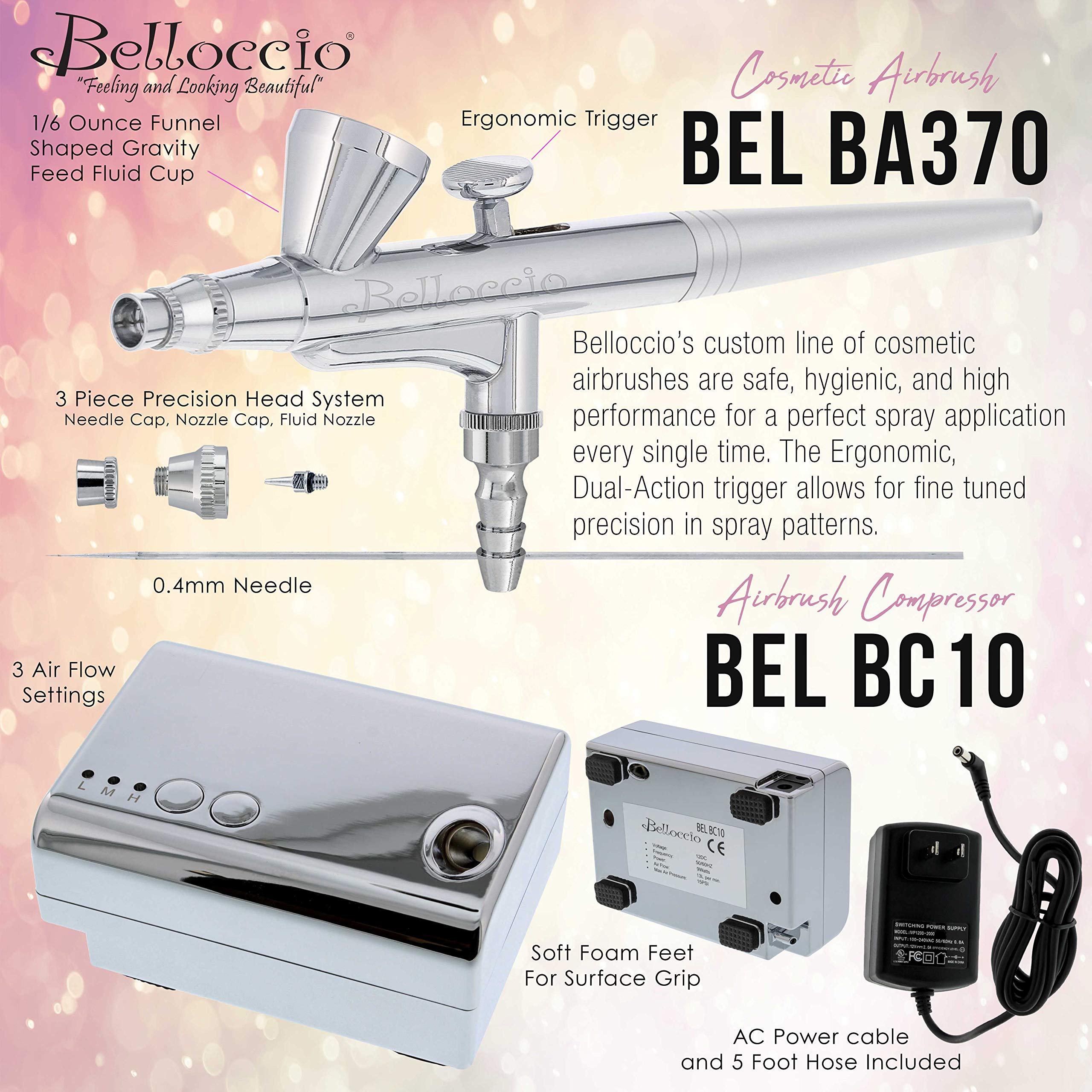 Belloccio Professional Beauty Airbrush Cosmetic Makeup System with 4 Medium Shades of Foundation in 1/4 Ounce Bottles - Kit Includes Blush, Bronzer and Highlighters