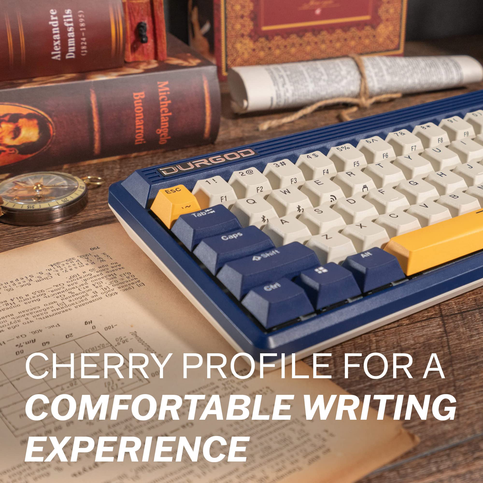 DURGOD Fusion Mechanical Retro Keyboard | 65% Layout | Wireless 2.4 GHz, Bluetooth 5.0, USB C | Doubleshot PBT | Up to 40 Days Battery Life | Windows, Android, iOS (Cherry MX Brown, Navigator)
