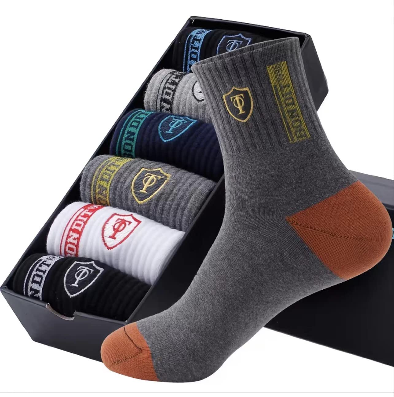 6pairs Men's Cotton Sweat Absorbing Embroidered Crest Athletic Socks, Ankle Socks
