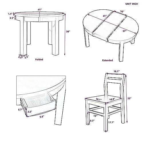Bellemave 5 Piece Round Dining Table Set for 4 Wood Extendable Kitchen Table Set with Storage Drawers Farmhouse Dining Room Table and Chairs, 16" Removable Leaf, Espresso