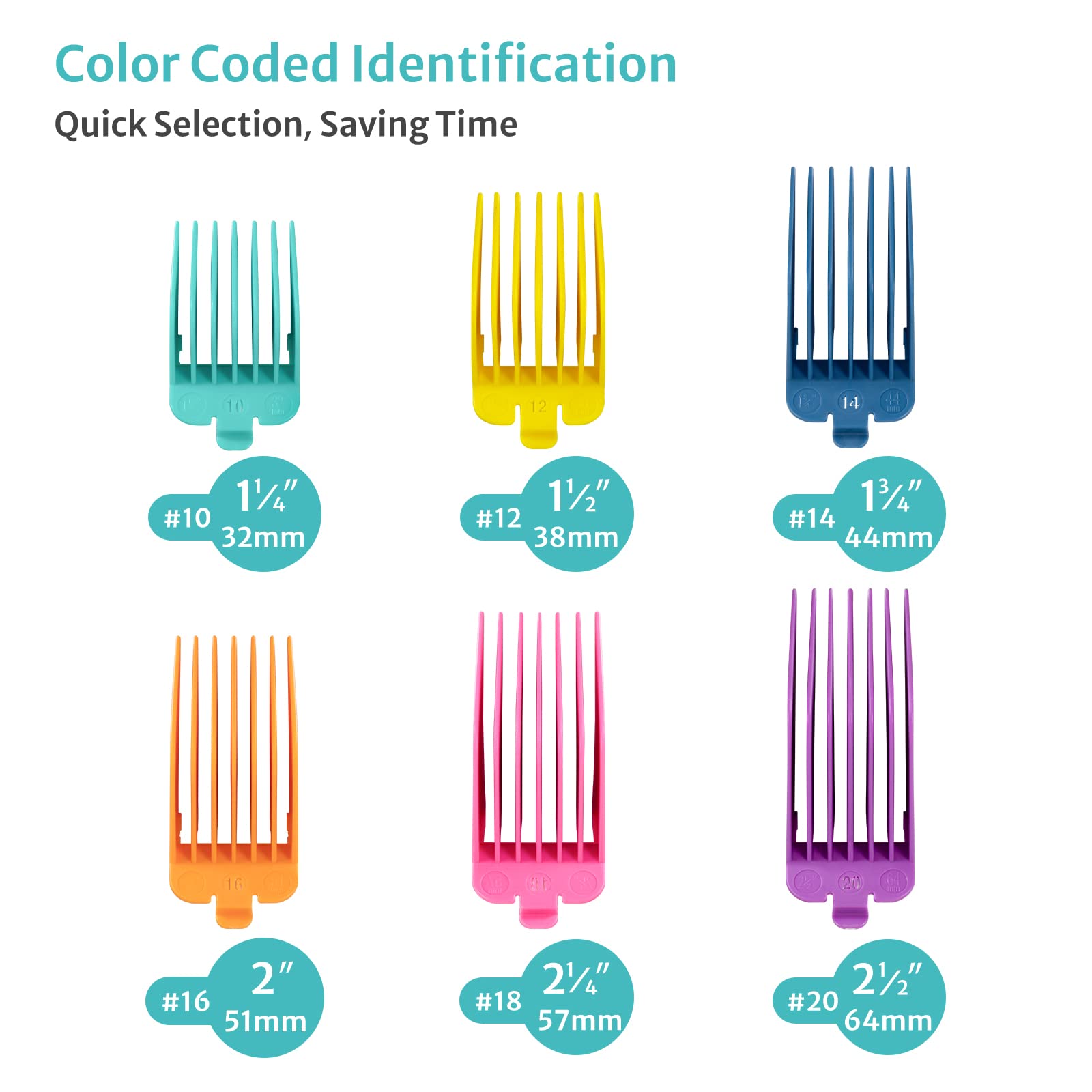 6 Professional Extra Long Hair Clipper Guards Cutting Guides Fits for Most Wahl Clippers, Color Coded Clipper Guards Replacement - 1.25", 1.5", 1.75", 2", 2.25" & 2.5" (#10, 12, 14, 16, 18, 20)