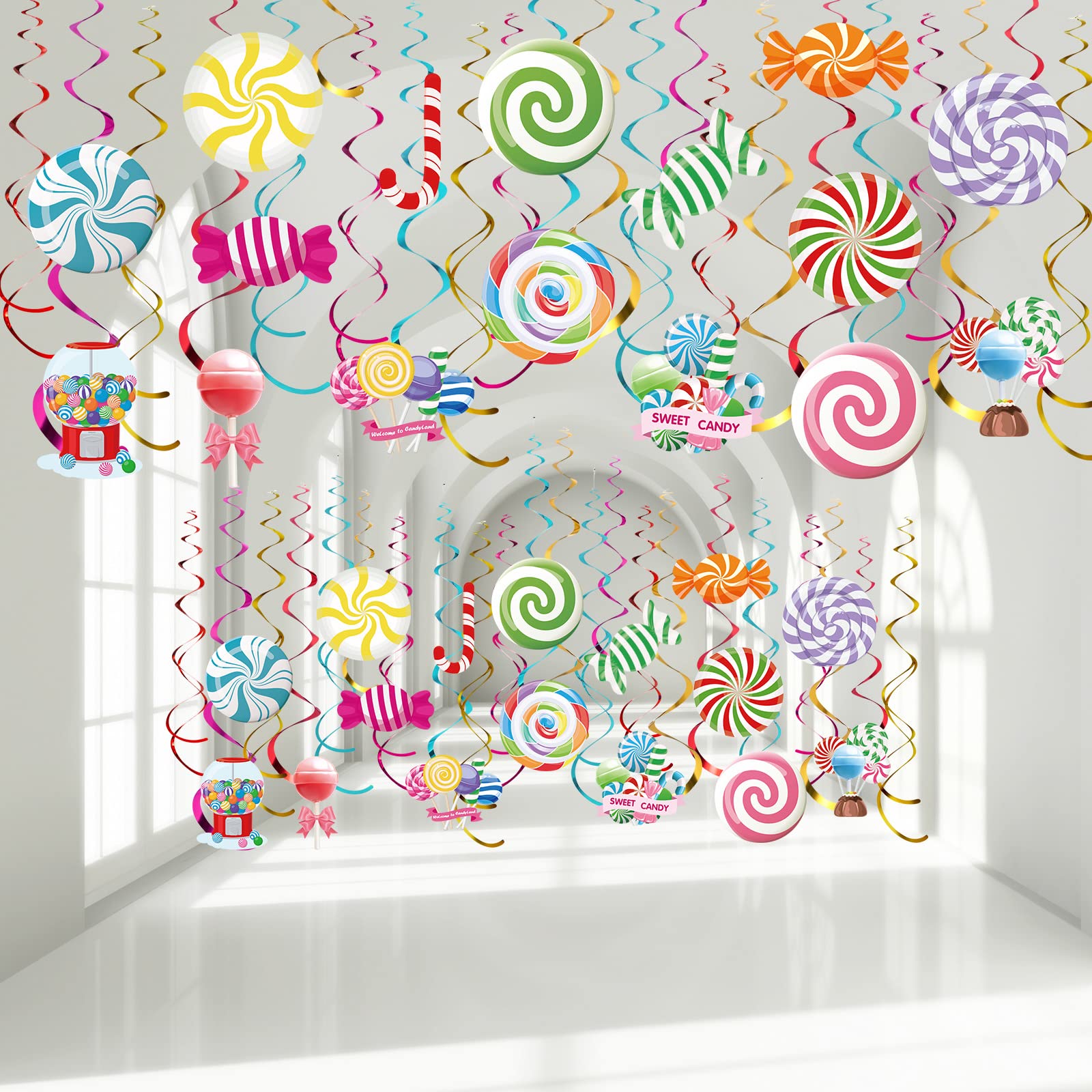 36 Pcs Candyland Party Decorations Candy Hanging Swirls Colorful Lollipop Candy Themed Birthday Decorations Party Favors for Sweet Shop Baby Shower Home