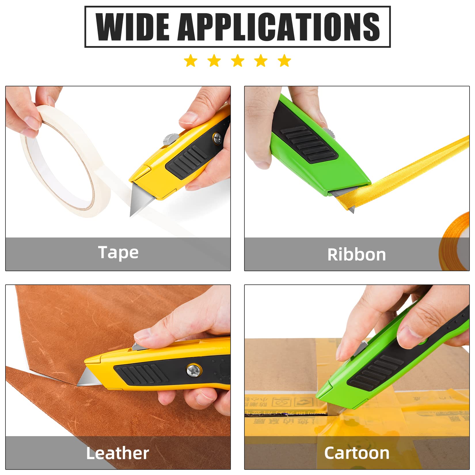 DIYSELF 4 Pack Box Cutters Utility Knives, Retractable Box Cutter Box Knife with 10 Utility Blades, Box Package Opener, Razor Knife Utility Heavy Duty for Cardboard, Carpet, Paper, Box Cutter Knife
