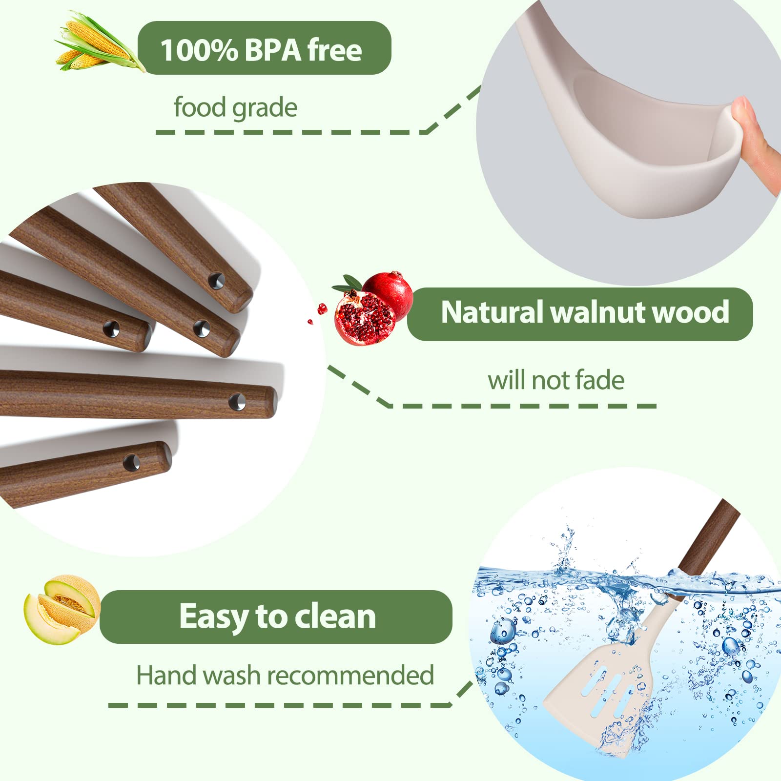 33 Pcs Silicone Kitchen Utensils Set, Khaki Kitchen Cooking Utensils Set with Black Natural Walnut Hard Wood Handle, Silicone Utensils Set with Holder, Heat Resistant, BPA Free, Non Toxic