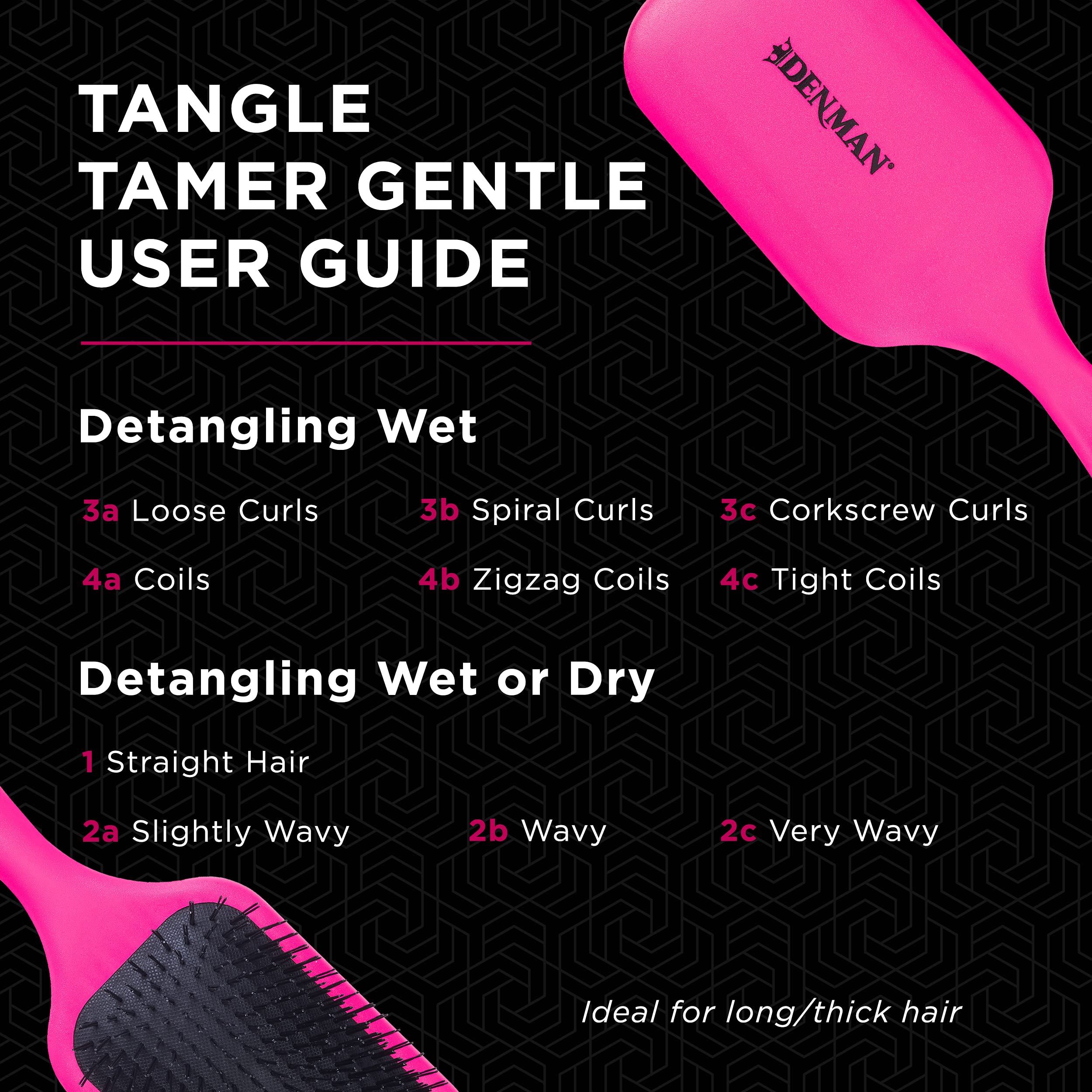 Denman Tangle Tamer Ultra (Pink) Detangling Paddle Brush For Curly Hair And Black Natural Hair - use with both Wet & Dry Hair, D90L