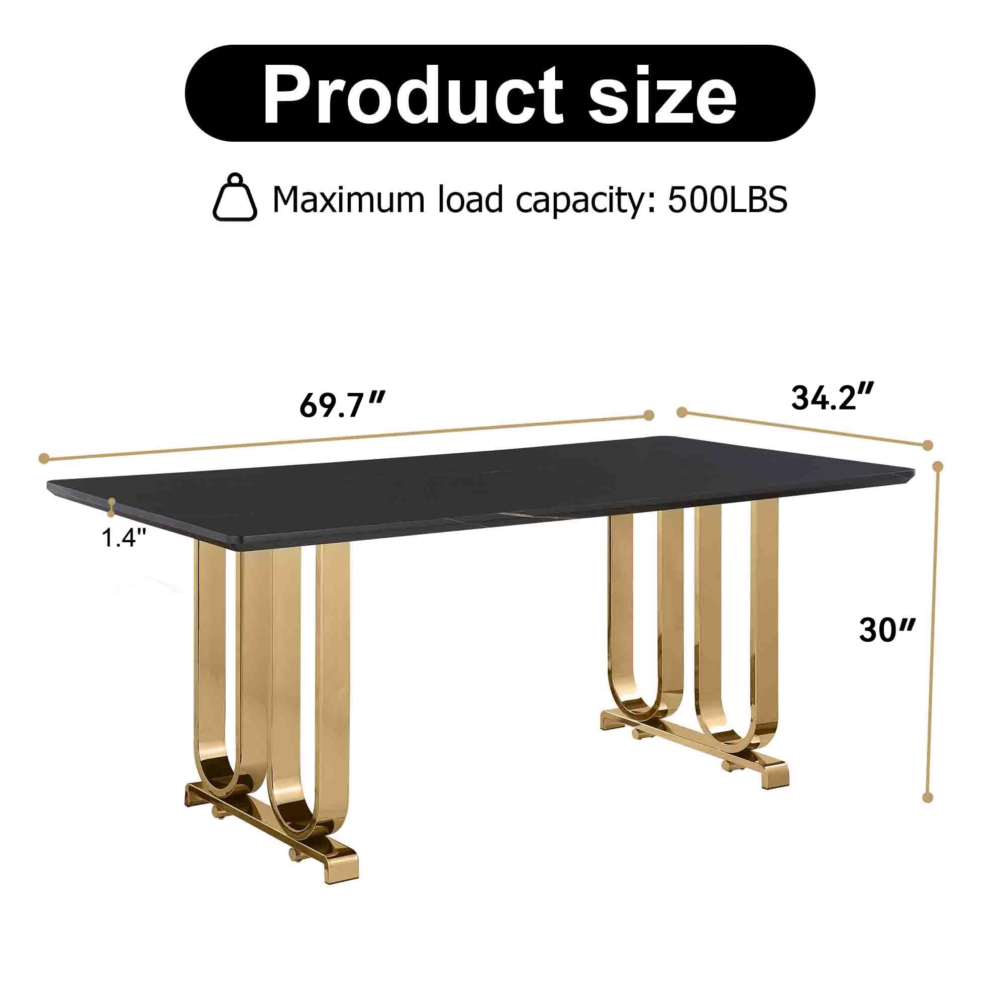71 Inch Modern Black Dining Table Kitchen Table with Brushed Brass Metal Legs, Lauren Gold&Black Top Wood Dining Room Table for 8, Rectangle Contemporary Dining Table for 6