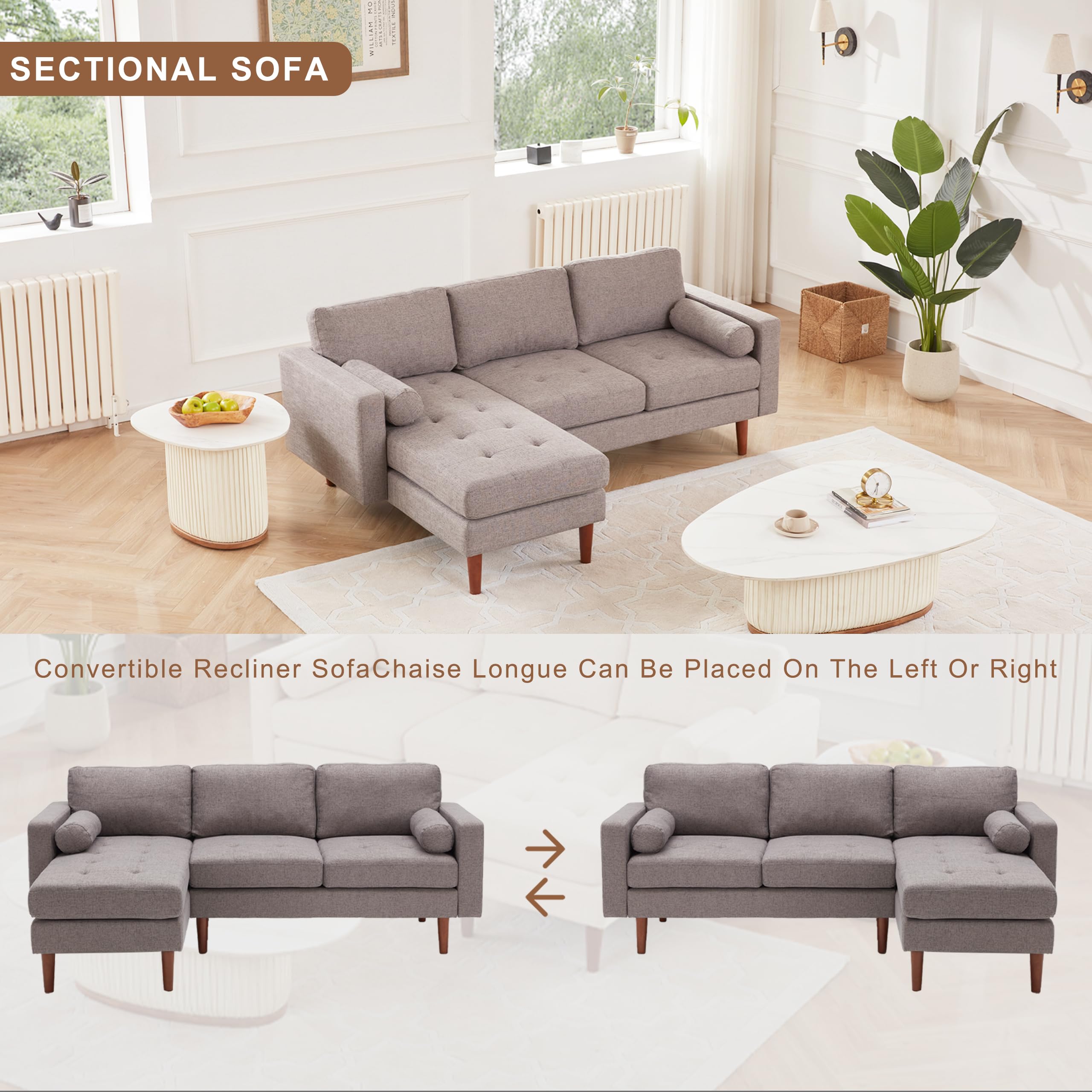 Kingfun 80" W Sectional Sofa Couch, L Shaped Couch with Reversible Chaise, Convertible Sofa Couches for Living Room, Mid Century Modern Linen with Tufted Seat Cushion for Small Space, Grey