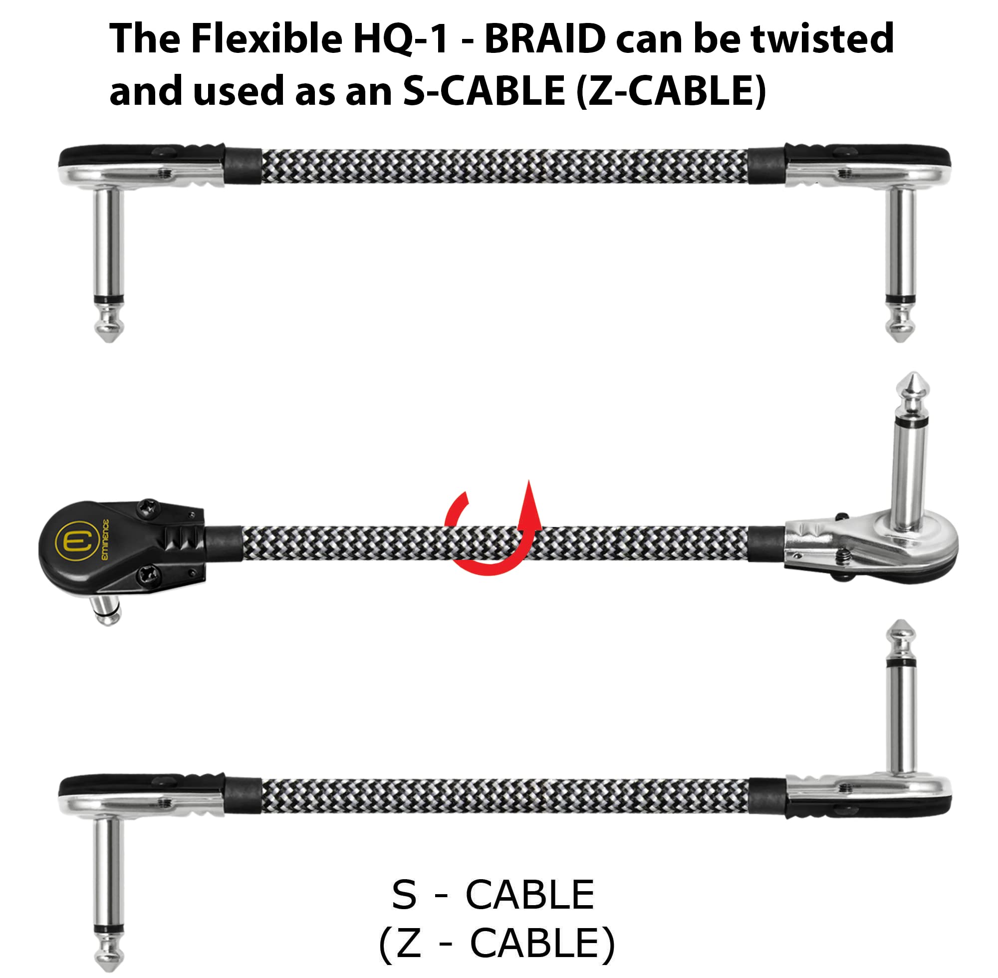 6 Units - 12 Inch - Audioblast HQ-1-BRAID(Black + White) - Flexible - Dual Shielded (100%) - Instrument Effects Pedal Patch Cable w/ ¼ inch (6.35mm) Low-Profile, R/A Pancake TS Plugs & Protective Boot