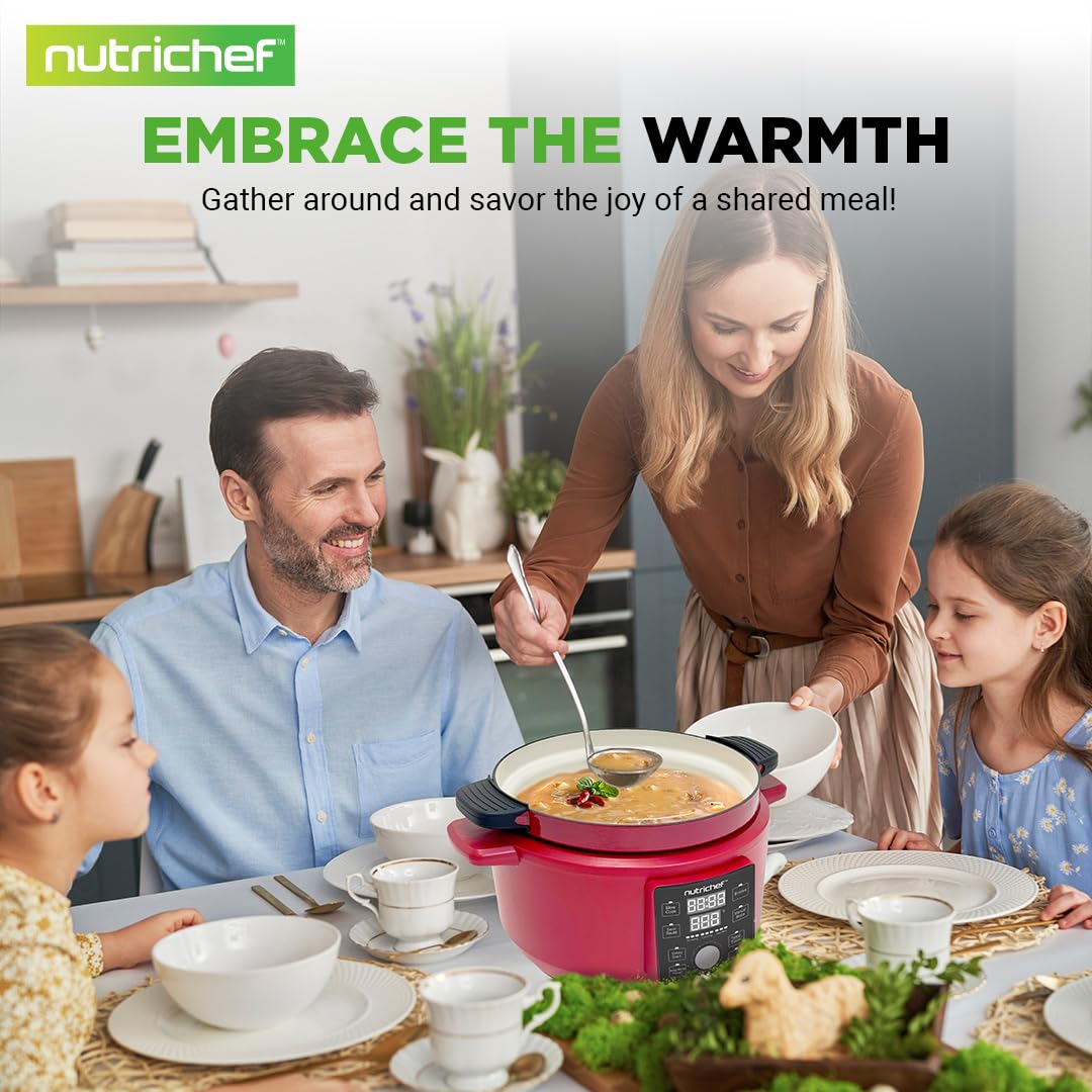 6 Quart Electric Dutch Oven | 1500W 5-in-1 Enamel Coated Cast Iron Pot with Stainless Steel Lid | Precise Temperature Control | Includes 2 Silicone Pot Holders & Heat Resistant Pad | Red