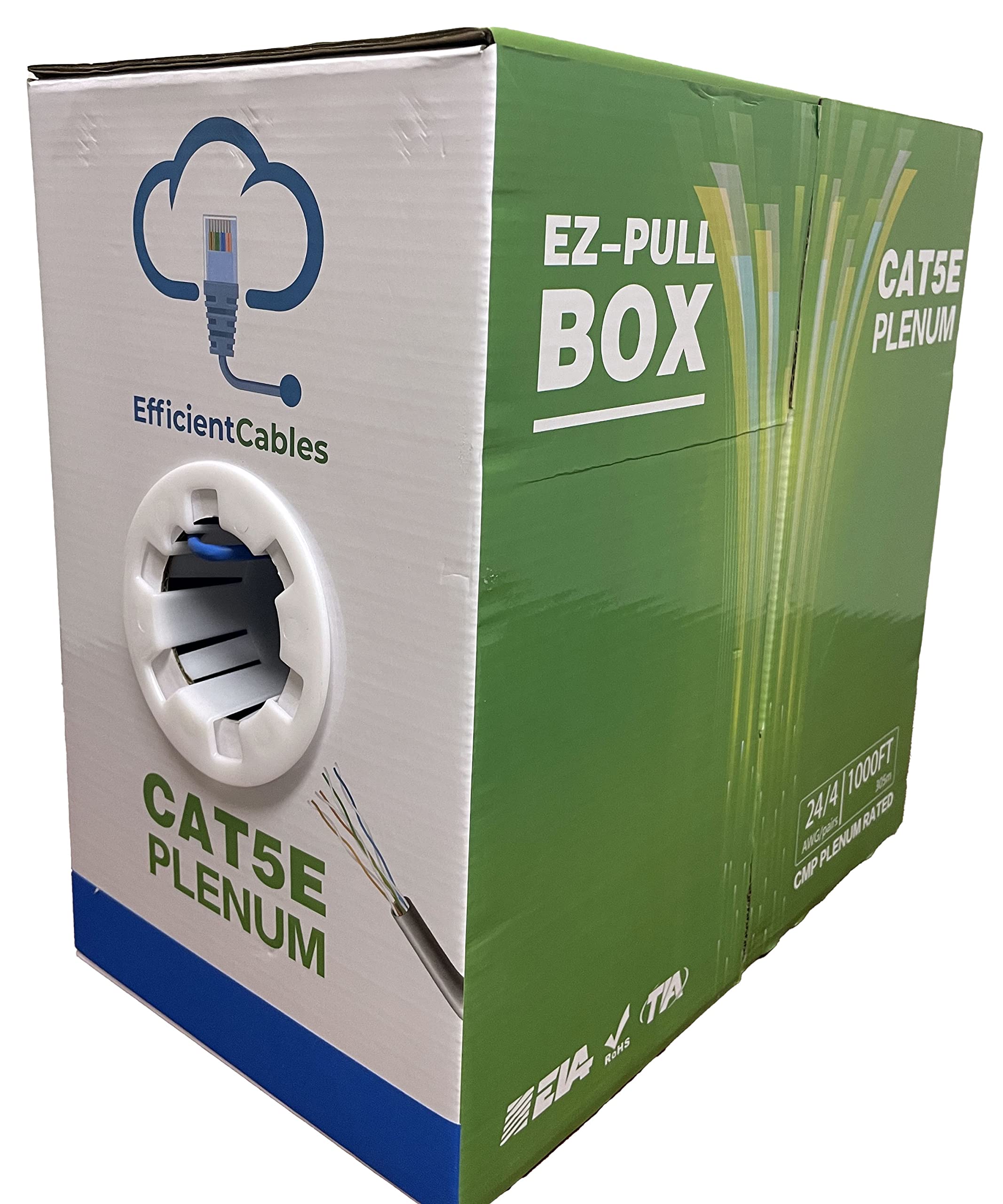 Efficient Cables CAT5E Plenum 1000FT Solid 350MHZ 24AWG UTP Bulk Blue CMP Network LAN Cable