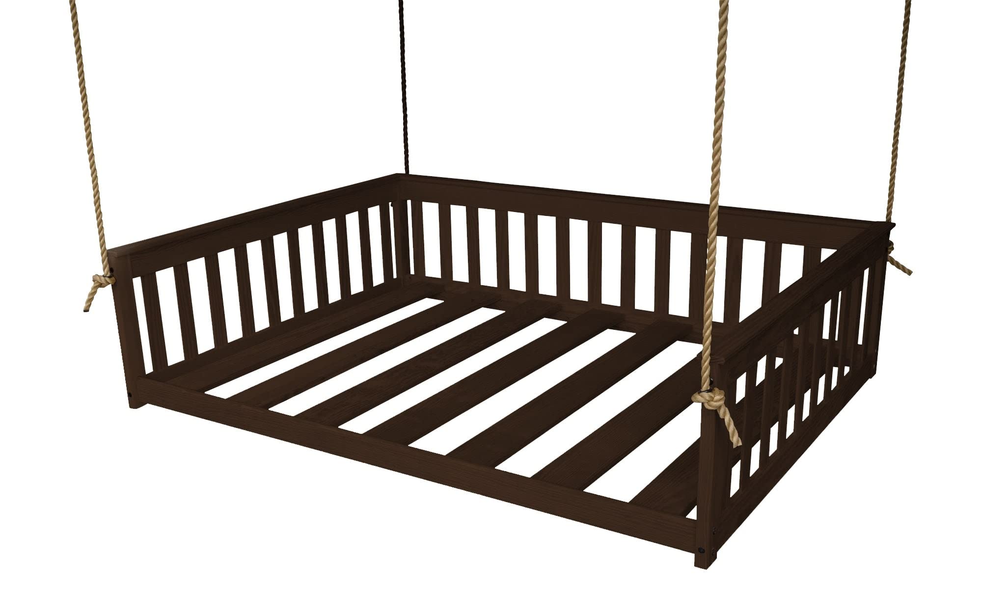 Amish-Made Full Size Mission-Style Tobacco Stain Wooden Swing Bed with Ropes