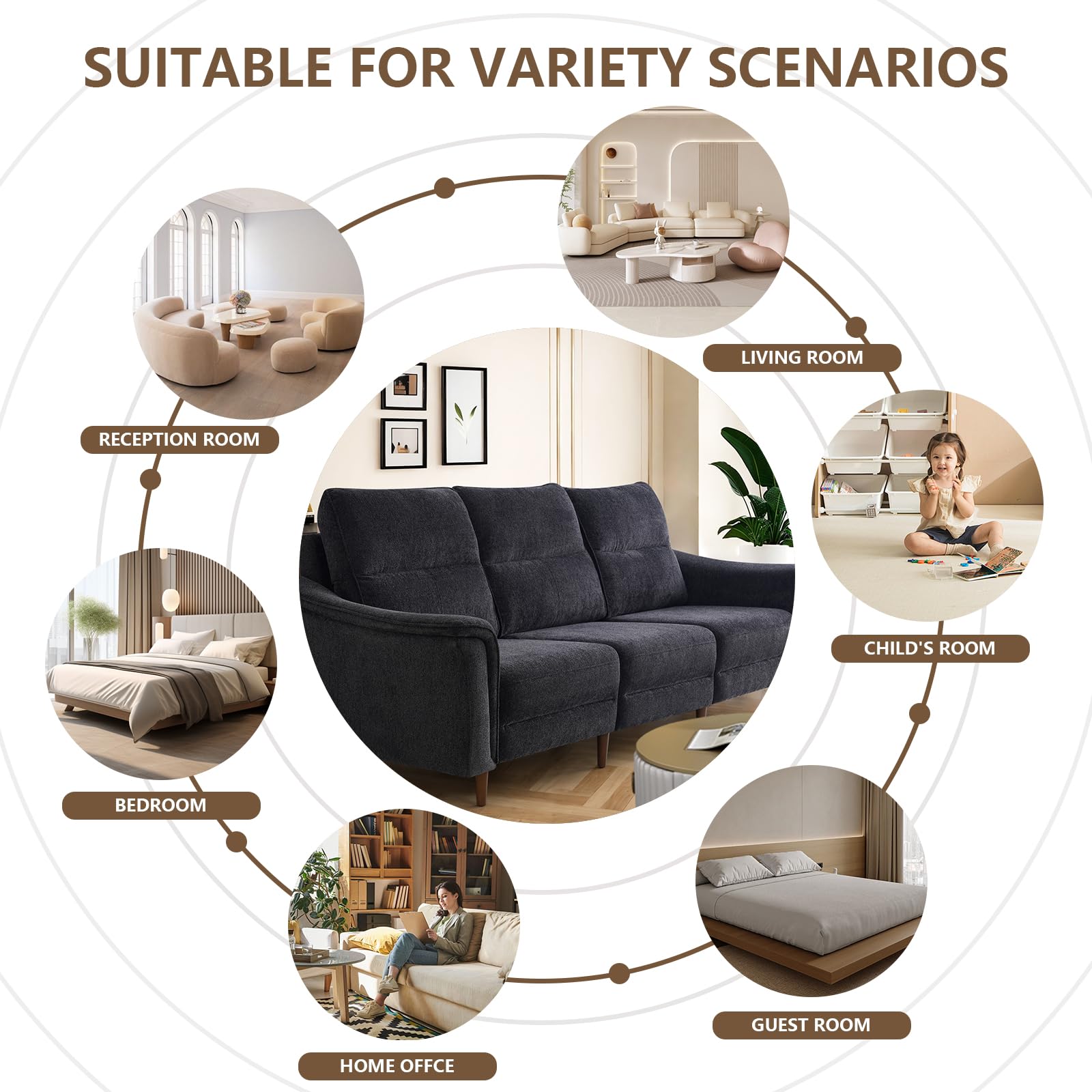 ABAKAN Modern 3-Seat Modular Sectional Sofa Couch,Chenille Sofa Comfy Upholstered Furniture for Small Spaces, Living Room, Apartment, Studio, Office, Grey