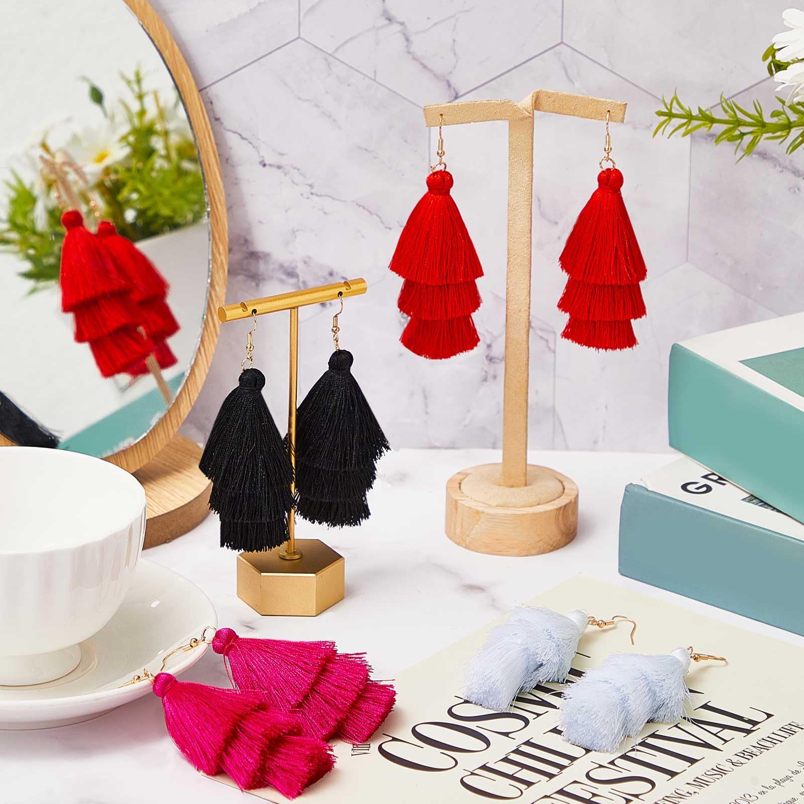 4 Pairs 3 Layers Tassel Earrings Red Earrings for Women Charm Crystal Silk Tassel Bohemian Dangle Birthday Christmas Wedding Daily