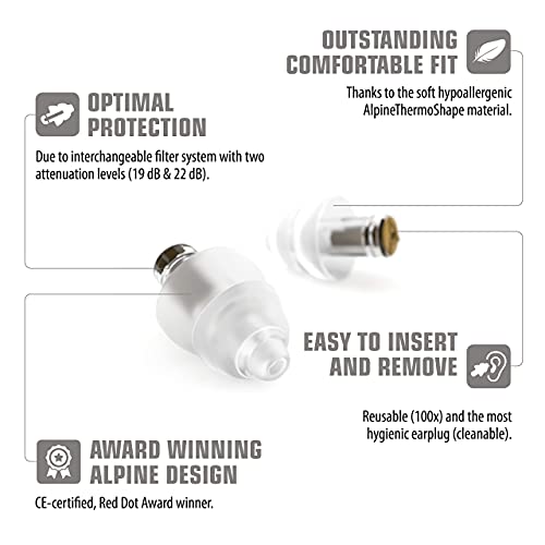 Alpine MusicSafe Pro - High Fidelity Earplugs for Musicians - 3 Interchangeable Premium Filter Sets: 16, 19 & 22 dB - Professional Musician Hearing Protection - Transparent