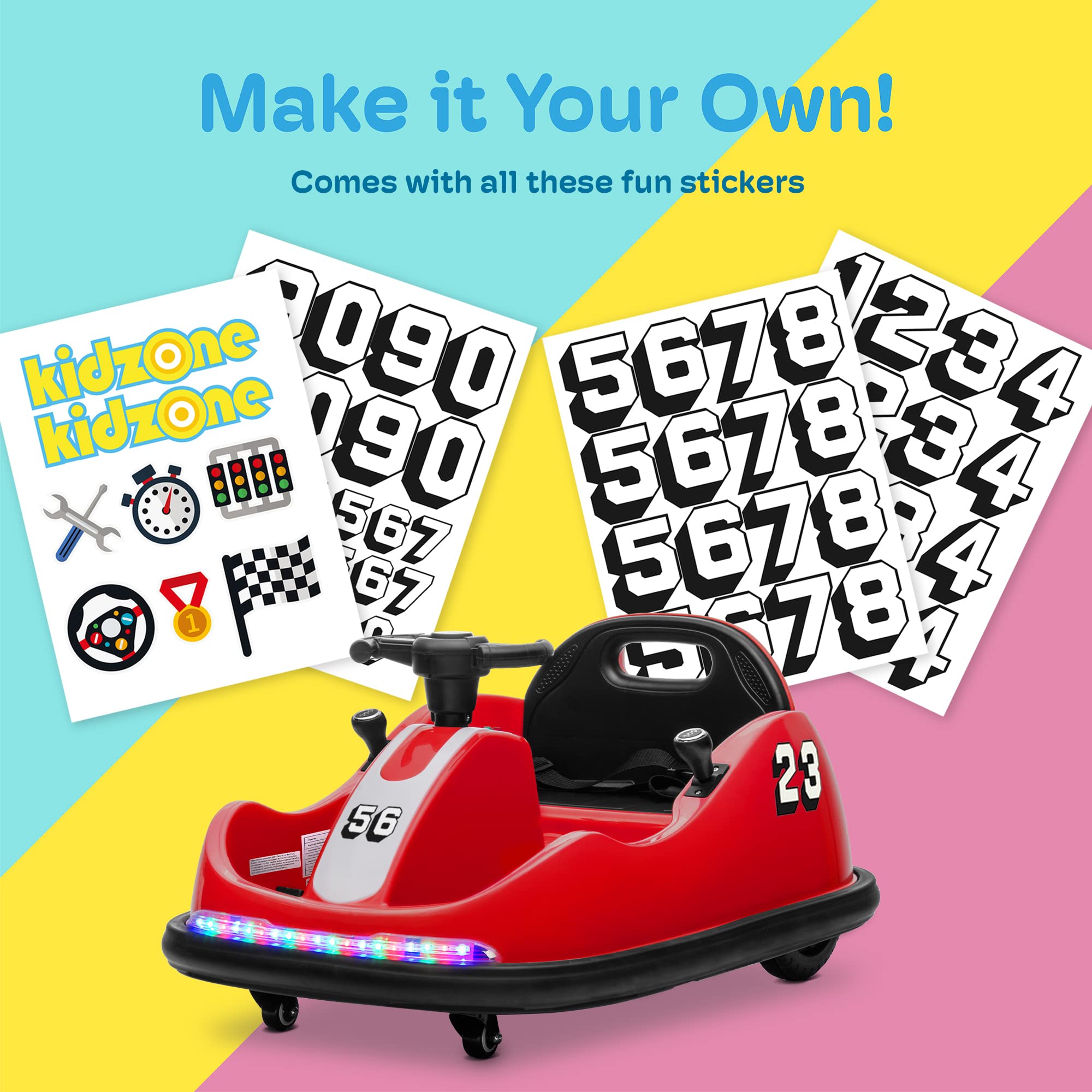 Kidzone 12V 2 Driving Mode (Steering Wheel/Joystick) Ride On Bumper Car for Kids & Toddlers 1.5-6 Year Old DIY Sticker Baby Bumping Toy Gifts W/Remote Control LED Lights, 360 Degree Spin