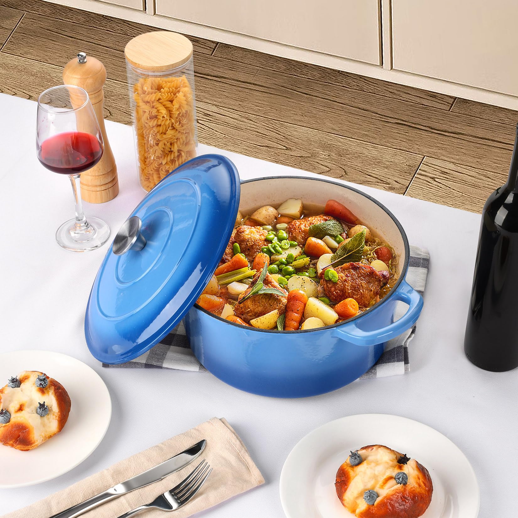 6 Quart Enameled Dutch Oven with Lid, P&P CHEF Cast Iron Dutch Oven Pot, Enamel Round Dutch Oven Cooking Pot for Braising, Stewing, Roasting, Baking, Various Stoves & Oven Safe, (Blue)