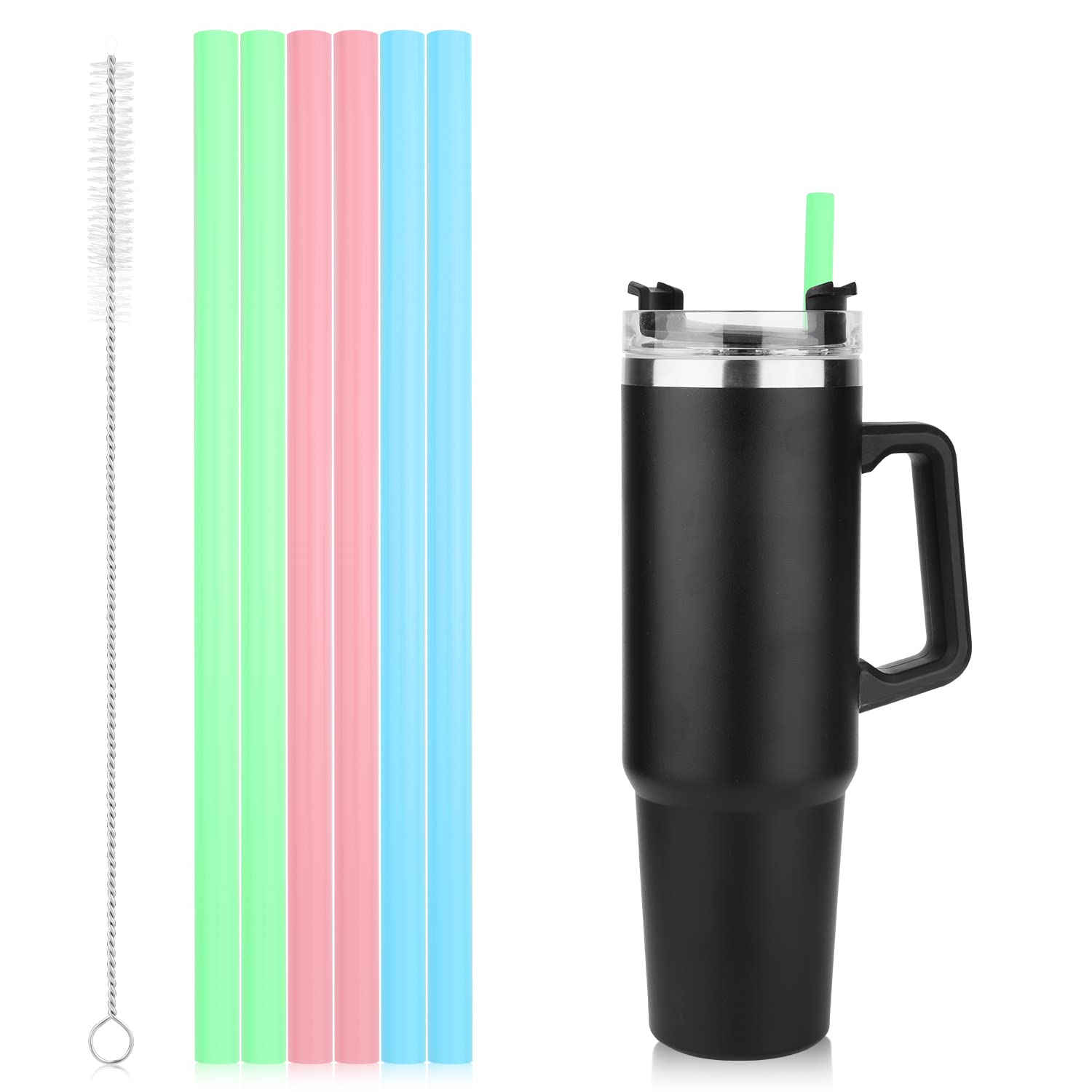 6pcs Replacement Straws for Stanley Adventure Travel Tumbler 40oz, with Cleaning Brush Silicone Replacement Straw Reusable Plastic Straws for Stanley Cup 40 oz Water Jugs (Blue, Pink, Green)