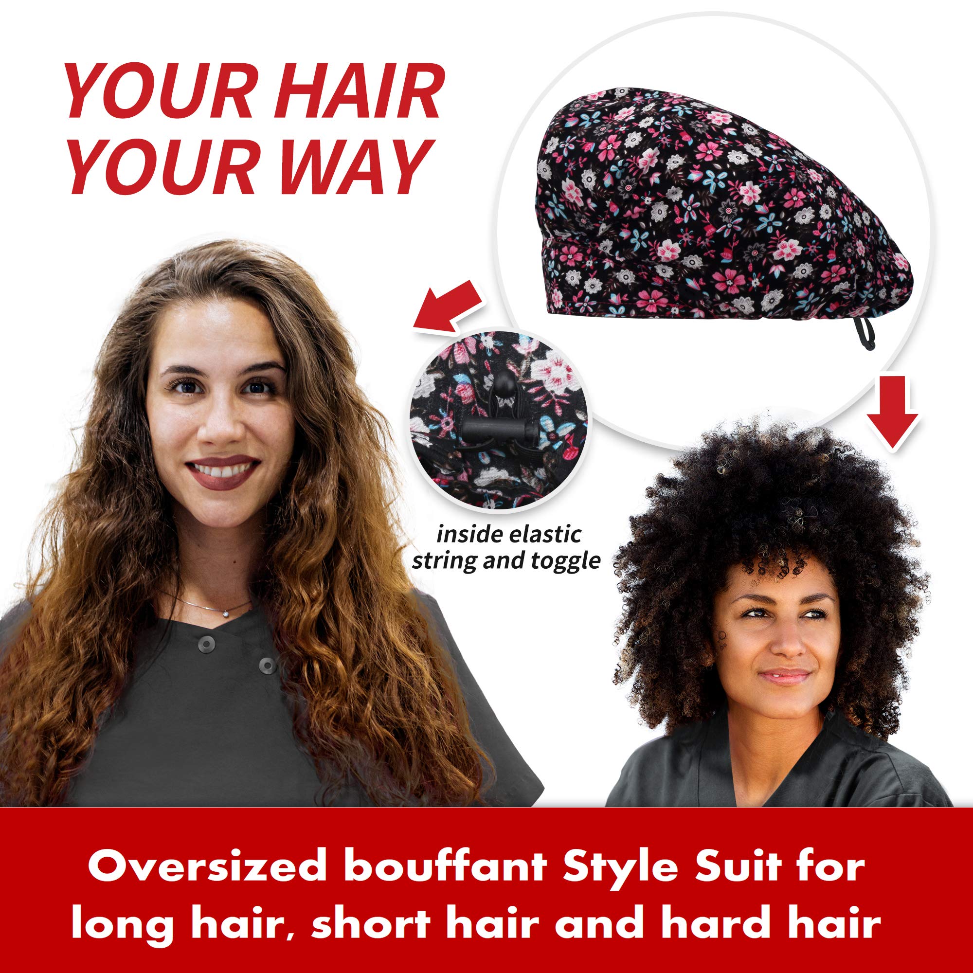 ABAMERICA Bouffant Caps with Button and Sweatband, Adjustable Scrub Caps for Women Men, Satin Layer