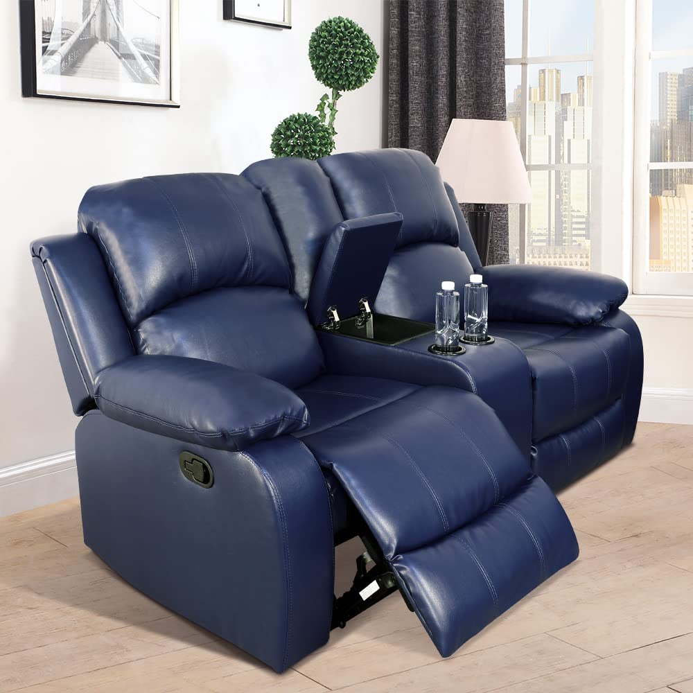 GEBADOL 2 Seaters Recliner Loveseat, Leather Reclining Couch with Cup Holder and Center Console for Living Room/Apartment/Office, Blue