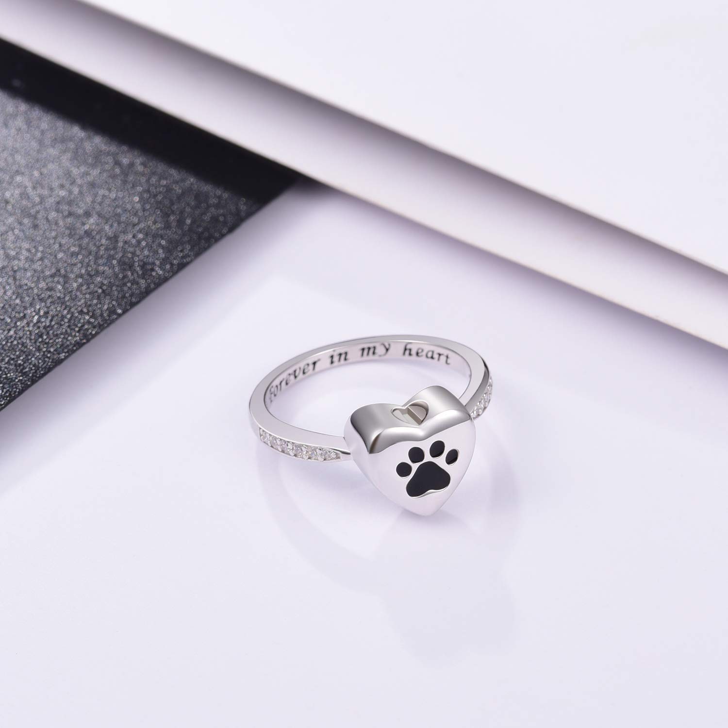 925 Sterling Silver Love Heart Urn Ring for pet Dog Cat's Ashes Keepsake Memorial Tiny Jewelry Forever in My Heart Paw Print Cremation Finger Rings(black 8)