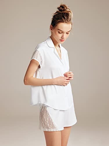 AW BRIDAL White Bride Pajamas Plus Size Silk Pajama Set for Women Short Button Down Pajamas with Patchwork Lace 2Pieces PJ Set, White XL