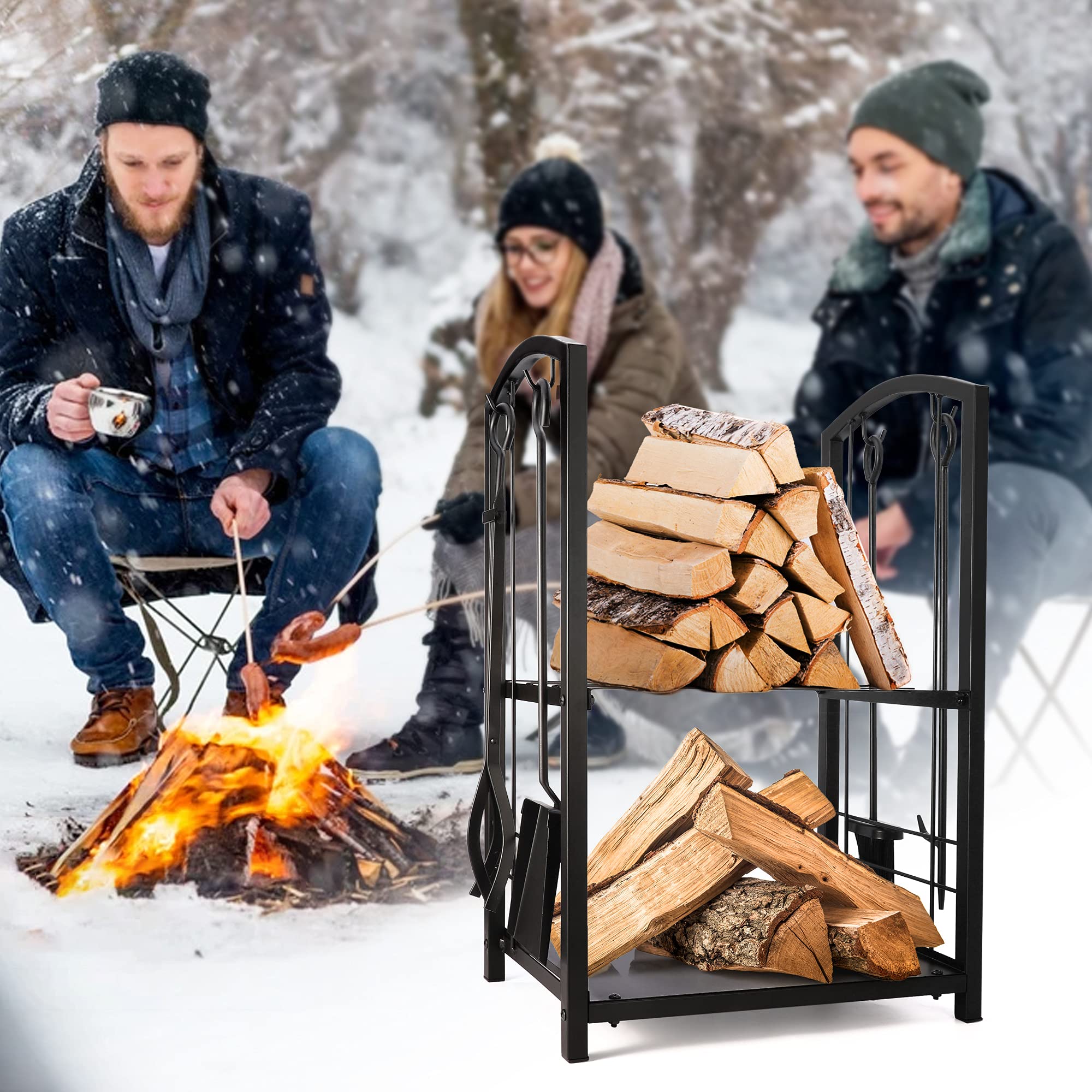 Delxo Fireplace Rack Indoor with 4 pcs Fireplace Tools Fire Pits Tools for Outdoor Log Holder Wood Stove Accessories Black Fireplace Log Rack Wrought Iron Logs Bin Holder for Fireplace Tool Set