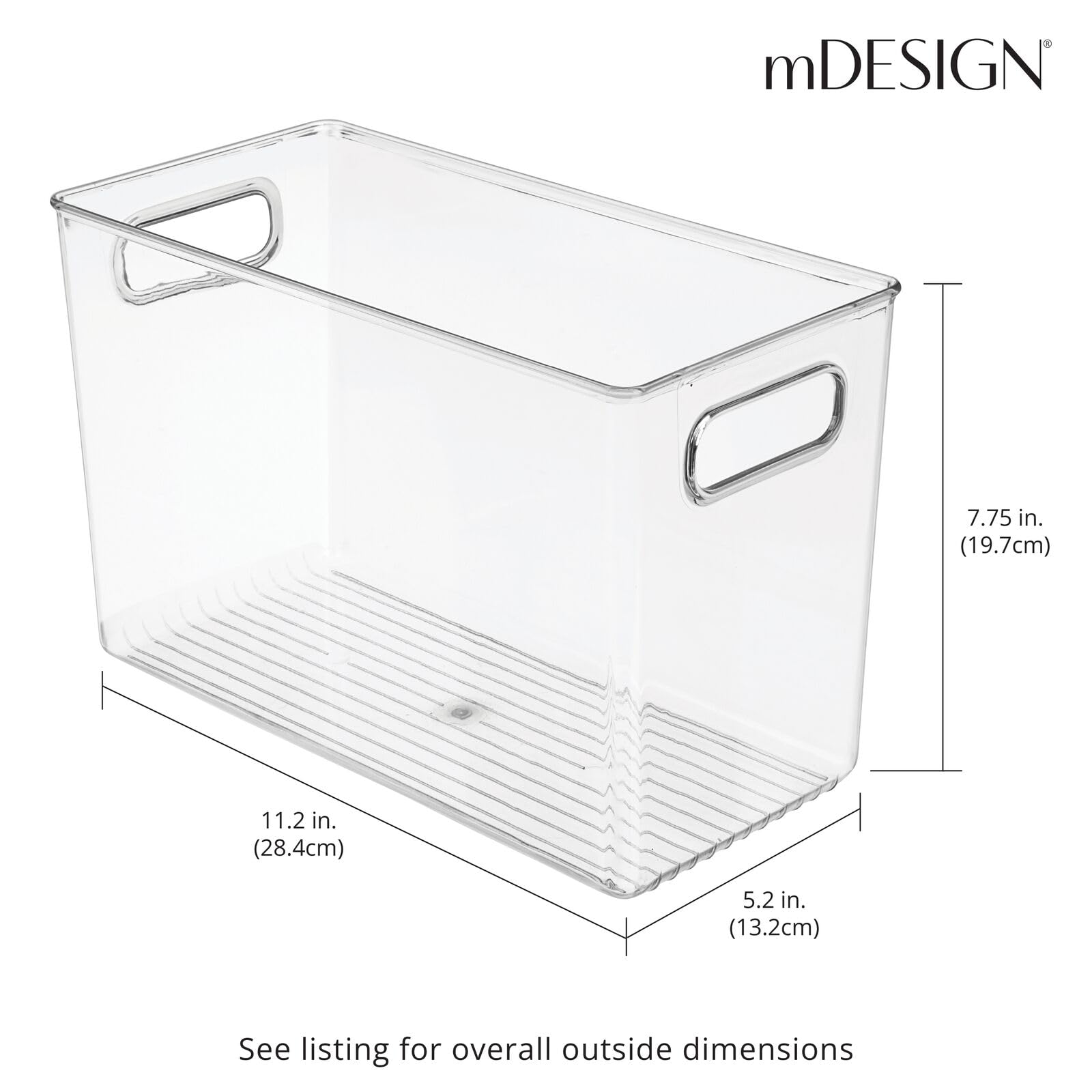 mDesign Plastic Storage Box – Narrow Open-Top Fridge Organiser Tray with Handle – Can Be Used as Fridge Tray, Shelf Box or for Cupboard Storage – Pack of 2 — Clear