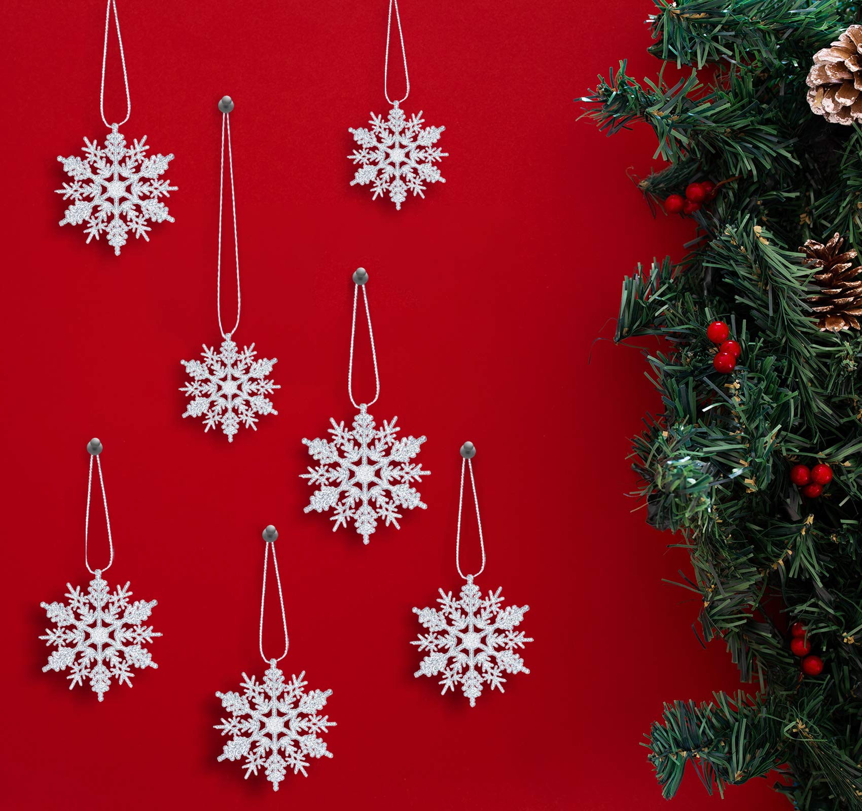36 pcs Snowflake Ornaments 4 inch Christmas Glitter Snowflake Ornaments with Rope, Sliver Snowflakes Christmas Decorations Perfect for Winter Xmas Tree Decor, Craft, Wedding