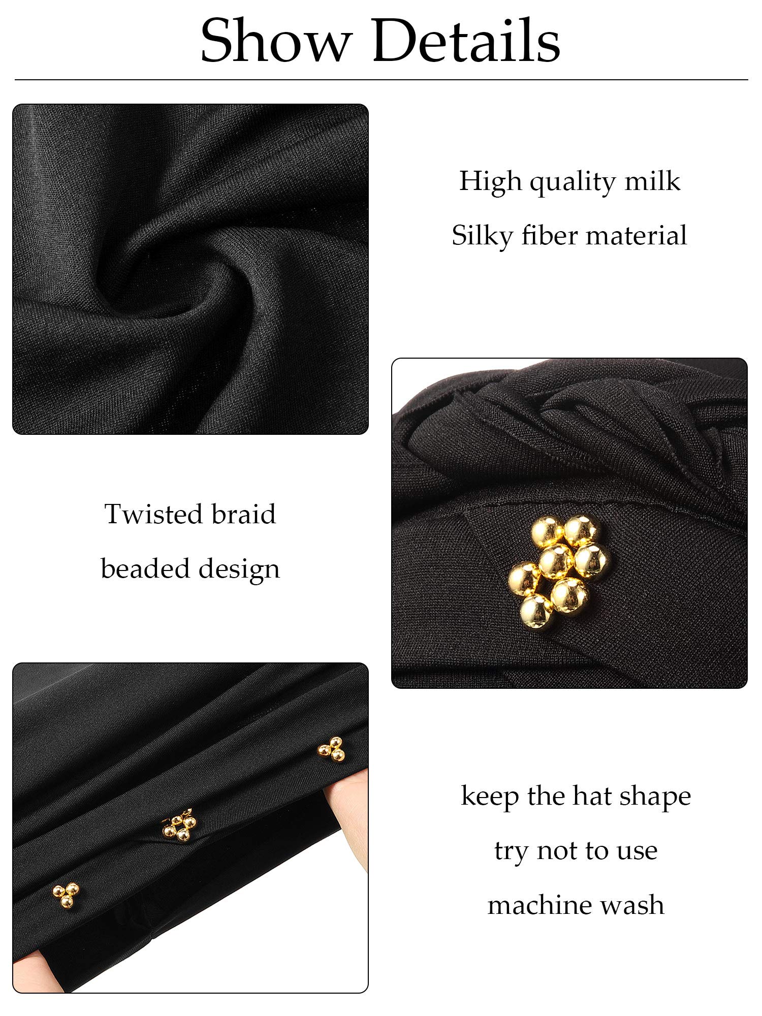 4 Pieces African Women Turban Cap Head Wraps Beaded Headscarf Beanie Wrap (Black, Grey, White, Red,Bead Style)