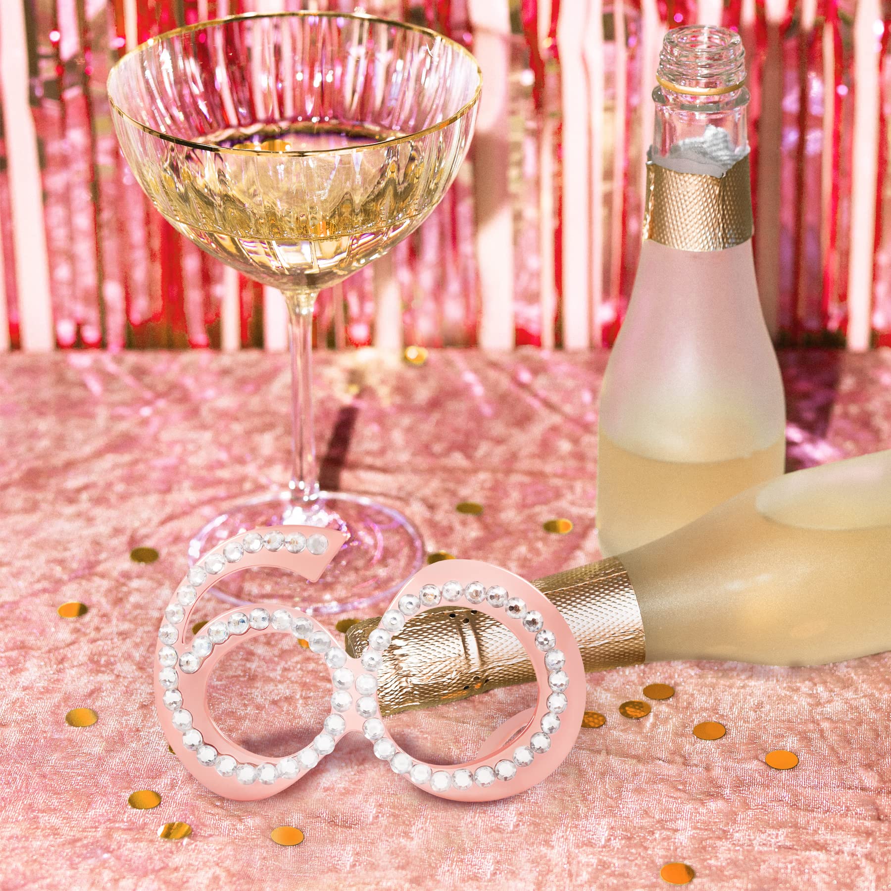 60th Birthday Glasses - 6 Pairs Rose Gold 60 Years Old Glasses with Rhinestones Frame, Funny Plastic Costume Photo Booth Props for 60th Anniversary Party Decorations