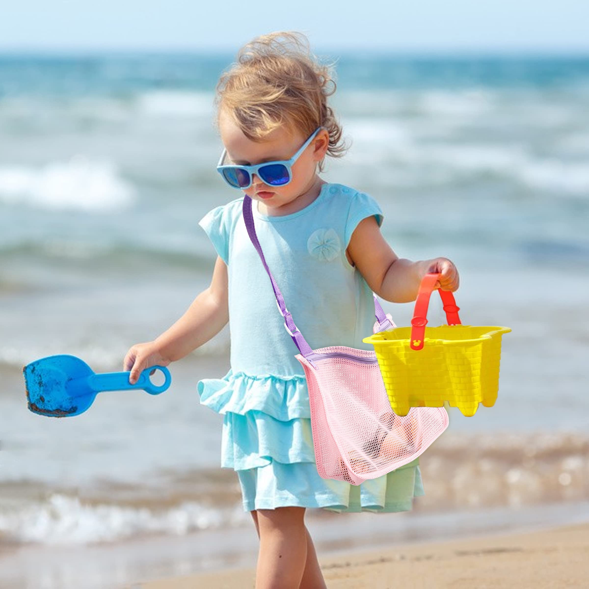 DAIKOYE Beach Toy Mesh Beach Bags - Kids Shell Collecting Bags Sand Toy Totes with Adjustable Carrying Straps–Perfect Fun for Kids Hunting Shells in The Sand (3 Pack)