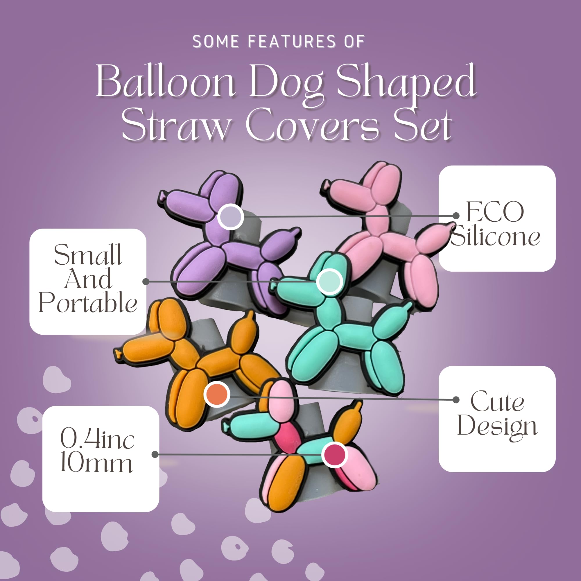 5 PCS Silicone Straw Covers Cap Compatible with Stanley Cup, 10mm Cute Balloon Dog Straw Toppers for Tumblers, Dust-Proof Drinking Straw Caps for Reusable Straws Tips Lids